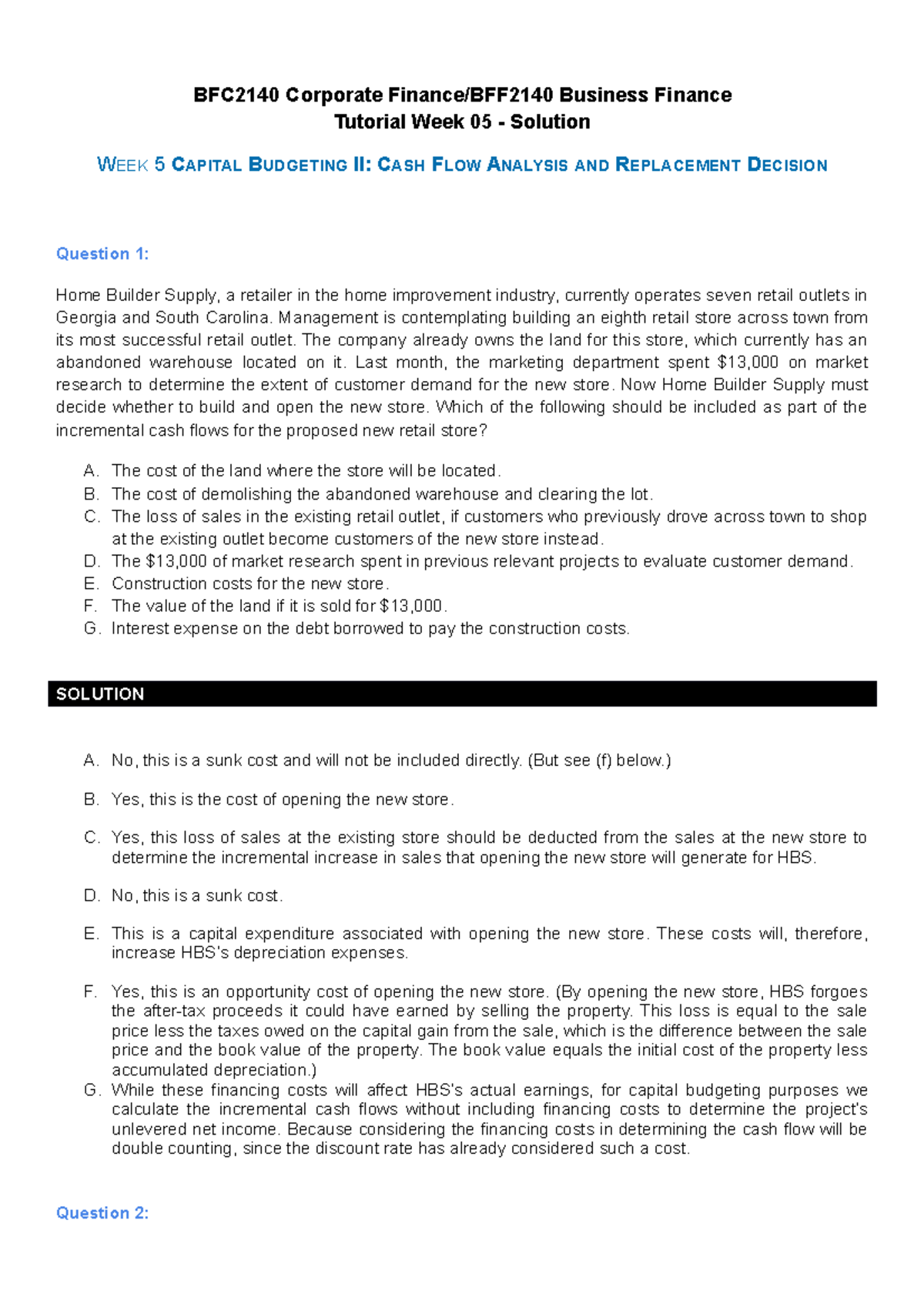 Week 5 Tutorial Worksheet Solution - BFC2140 Corporate Finance/BFF2140 ...