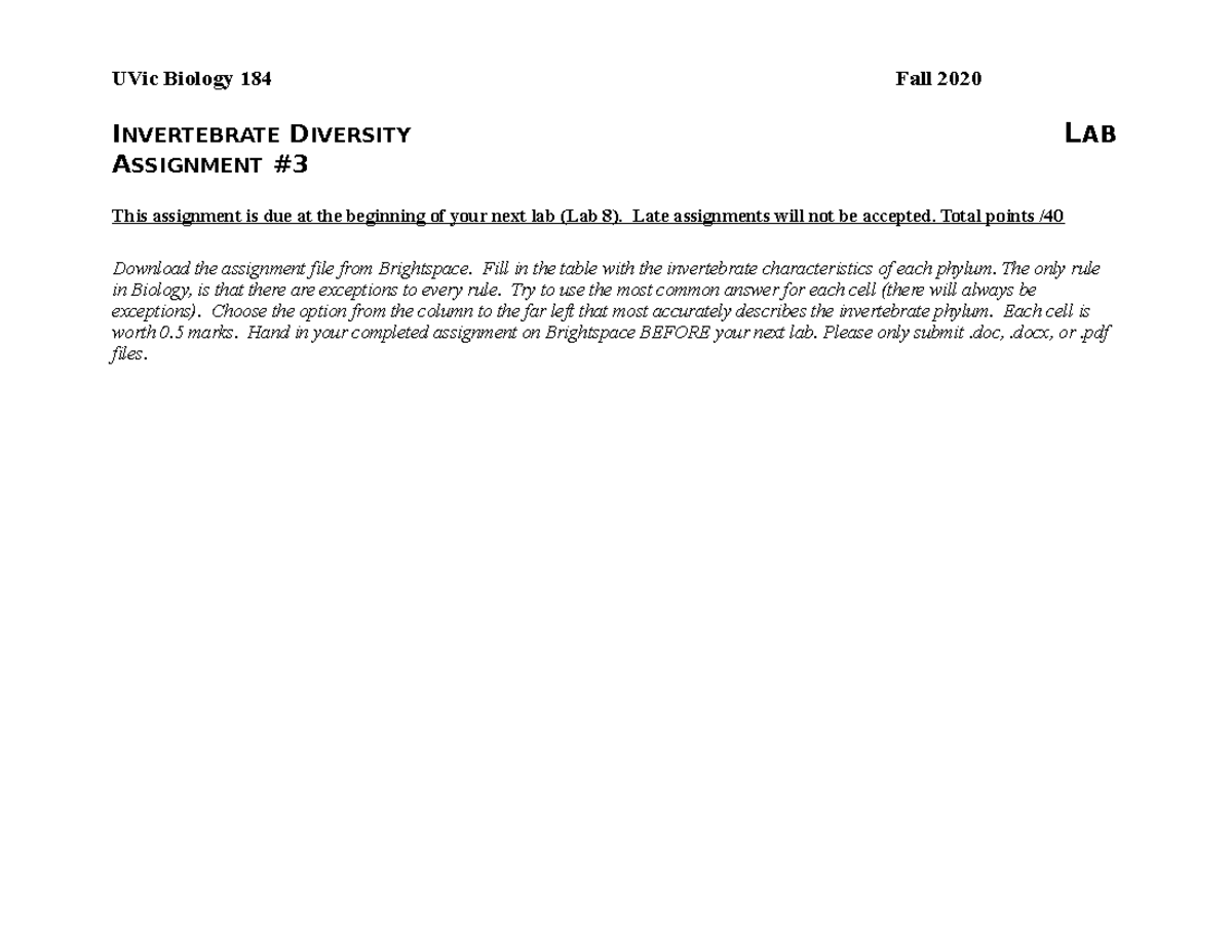 Lab Assignment #3 BIOL - Lab - UVic Biology 184 Fall 2020 INVERTEBRATE ...
