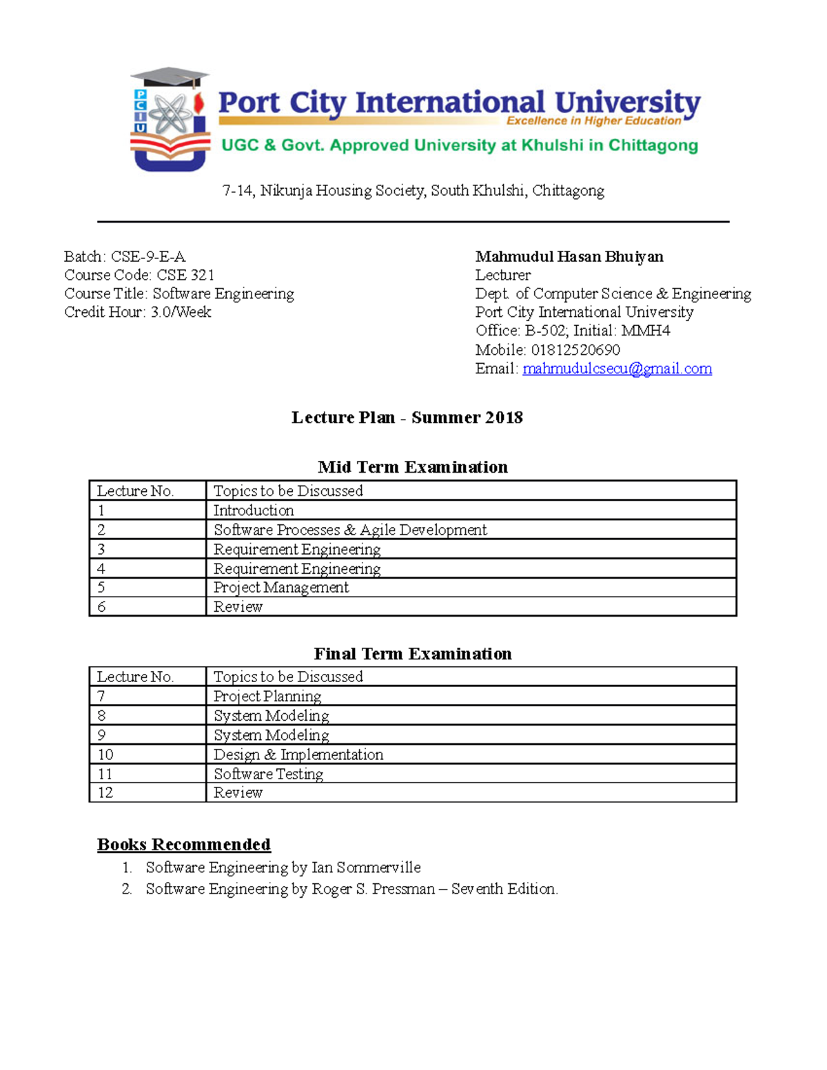 Course Outline of Software Engineering - Evening - 7-14, Nikunja ...