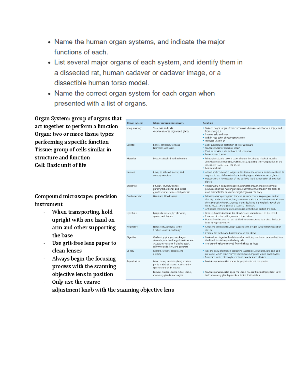 Anatomy Chapter 2 and 3 Lab - Organ System: group of organs that act ...
