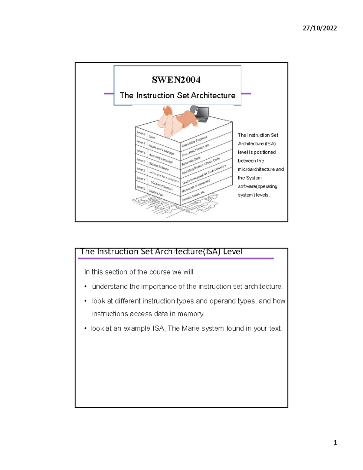 4. Instruction Set Architecture - SWEN The Instruction Set Architecture The Instruction Set ...