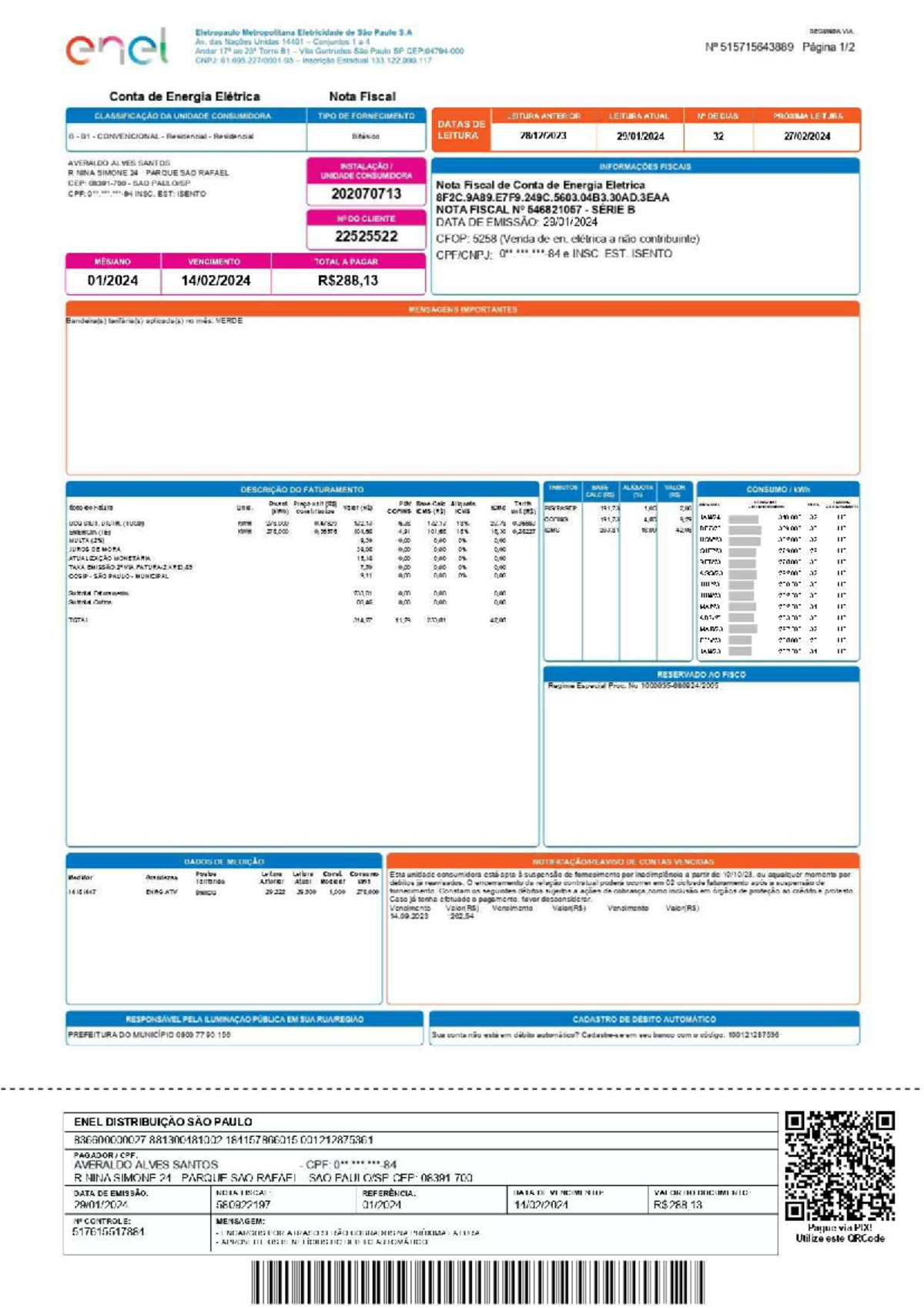 Fatura NOVA - enel Eletropaulo Metropolitana Eletricidade de São Paulo ...
