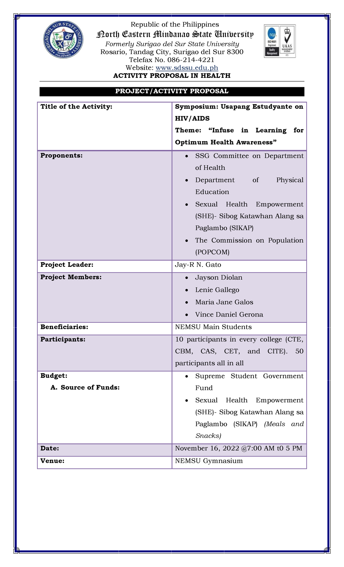 Activity Proposal - For academic purposes - North Eastern Mindanao ...