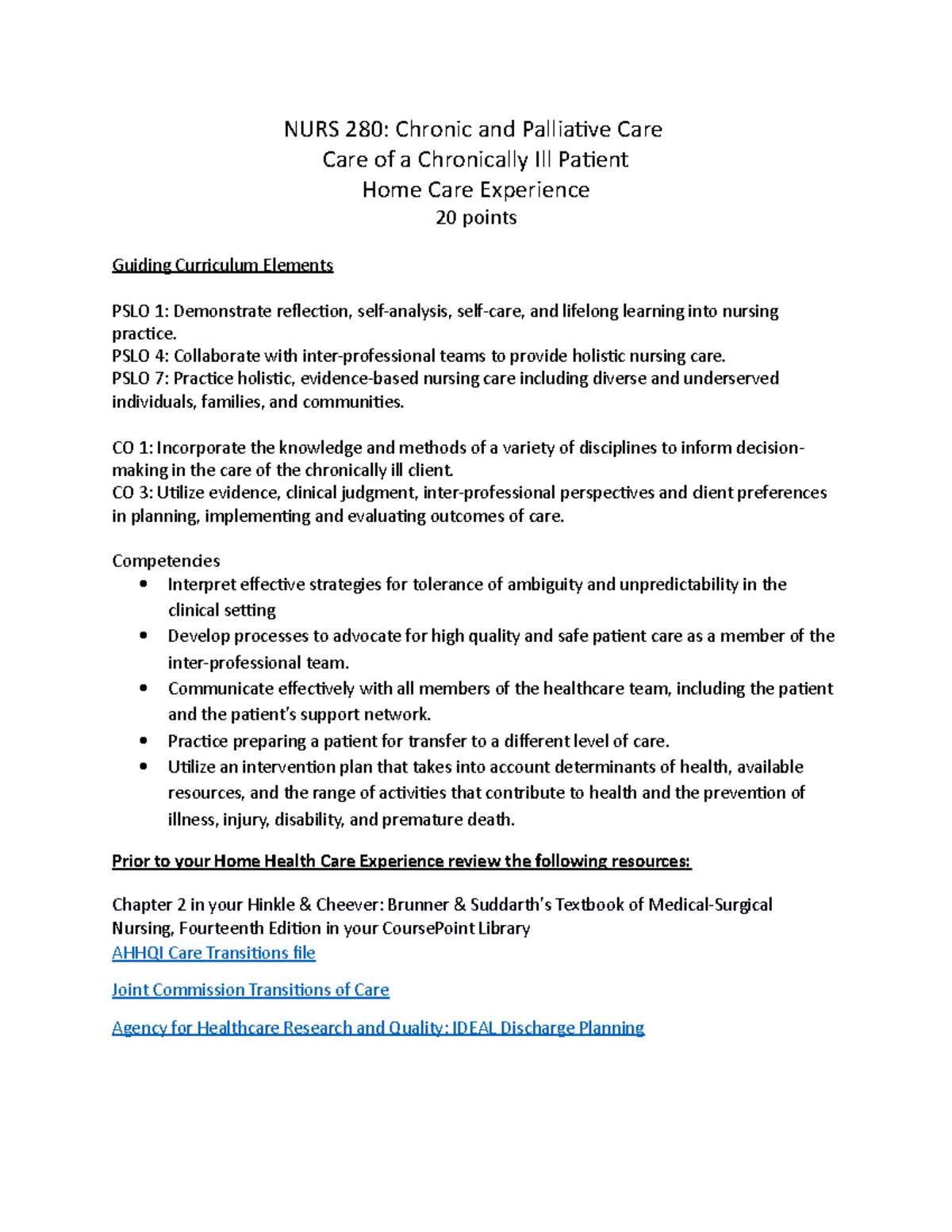 Care of a Chronically Ill Patient Assignment - NURS 280: Chronic and ...