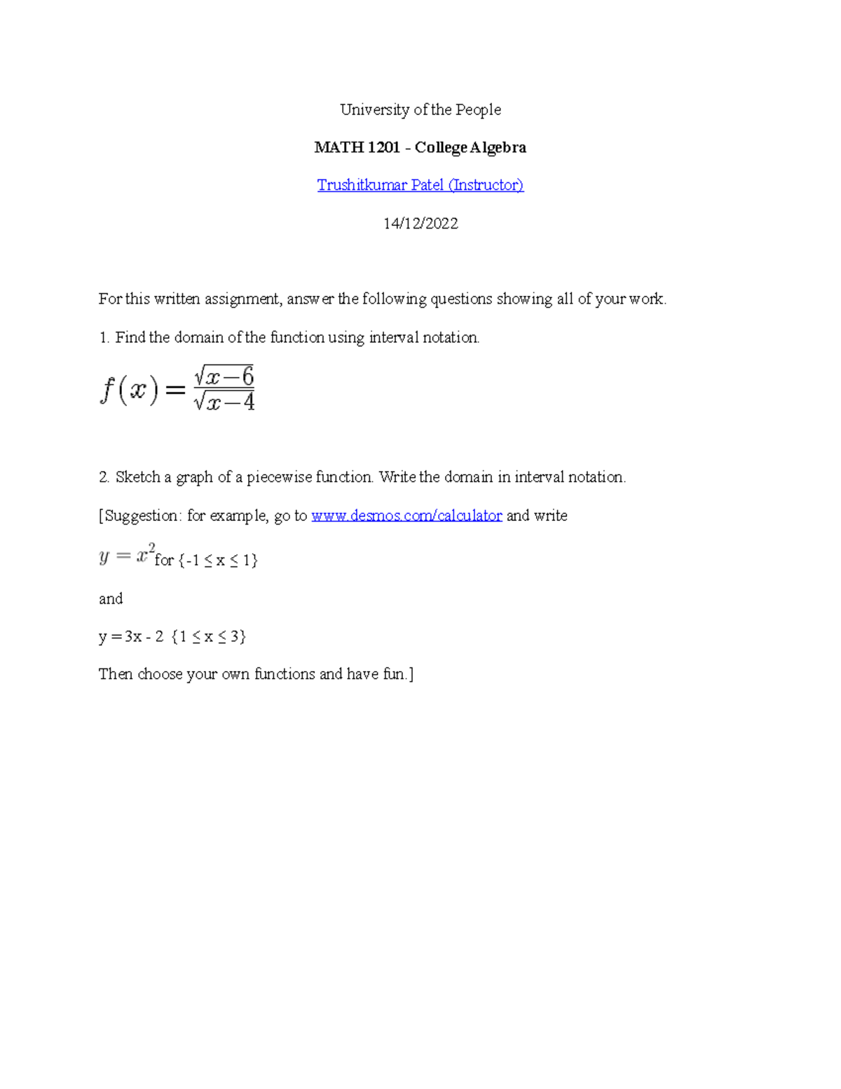 Written assignment 1 - University of the People MATH 1201 - College Algebra Trushitkumar Patel ...