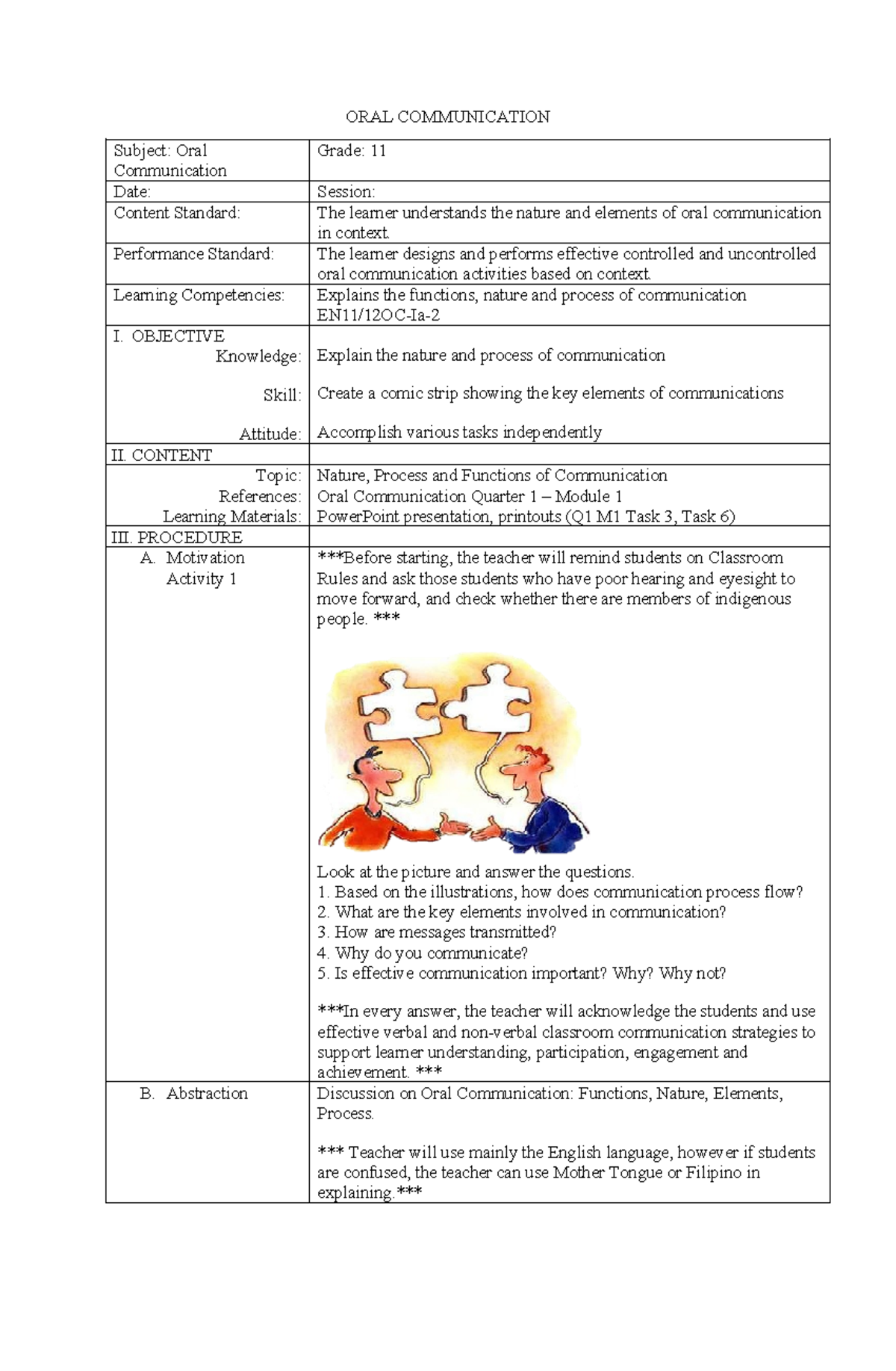 Module 1 ORAL Communication Lesson PLAN - ORAL COMMUNICATION Subject ...