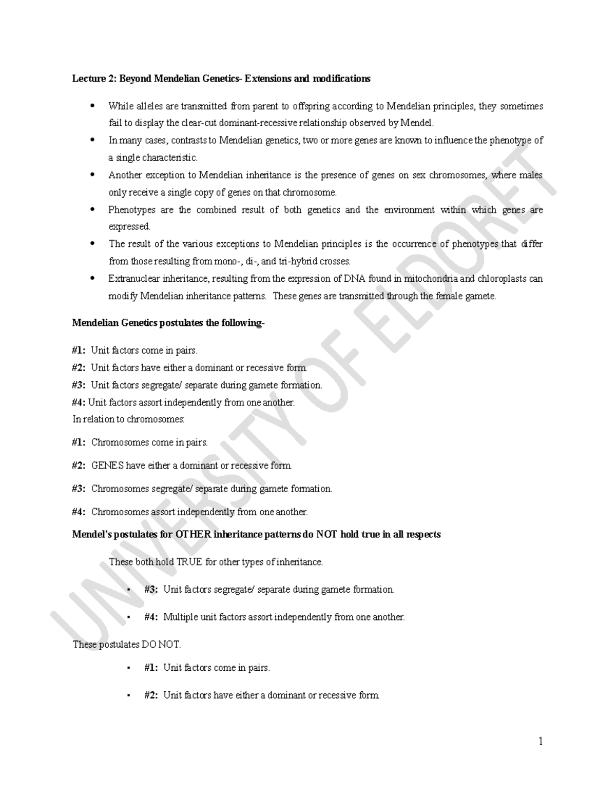 Lecture 2 - NOTES - Lecture 2: Beyond Mendelian Genetics- Extensions ...