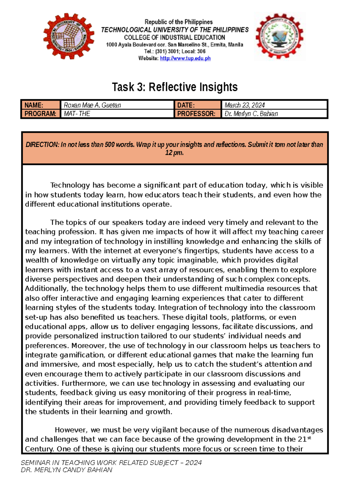 TASK-3- Reflective- Insights- Guetan- Roxan MAE-A - Task 3: Reflective Insights NAME: Roxan Mae ...