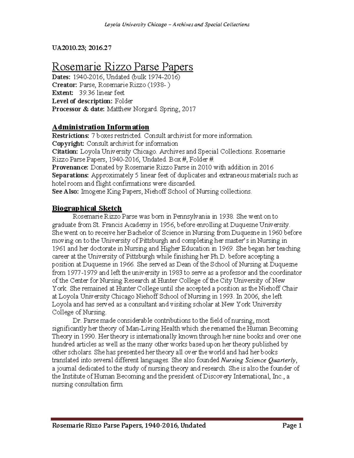 Parse ua2010 23 - UA2010; 2016. Rosemarie Rizzo Parse Papers Dates ...