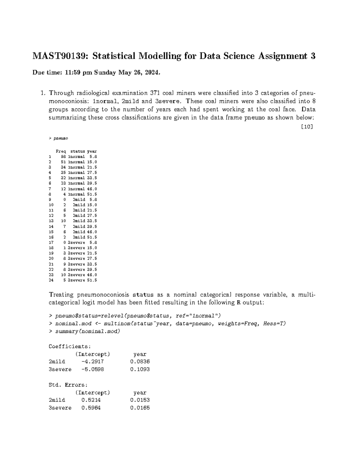 Mast90139 24 Assignment 3 Mast90139 Statistical Modelling For Data Science Assignment 3 Due
