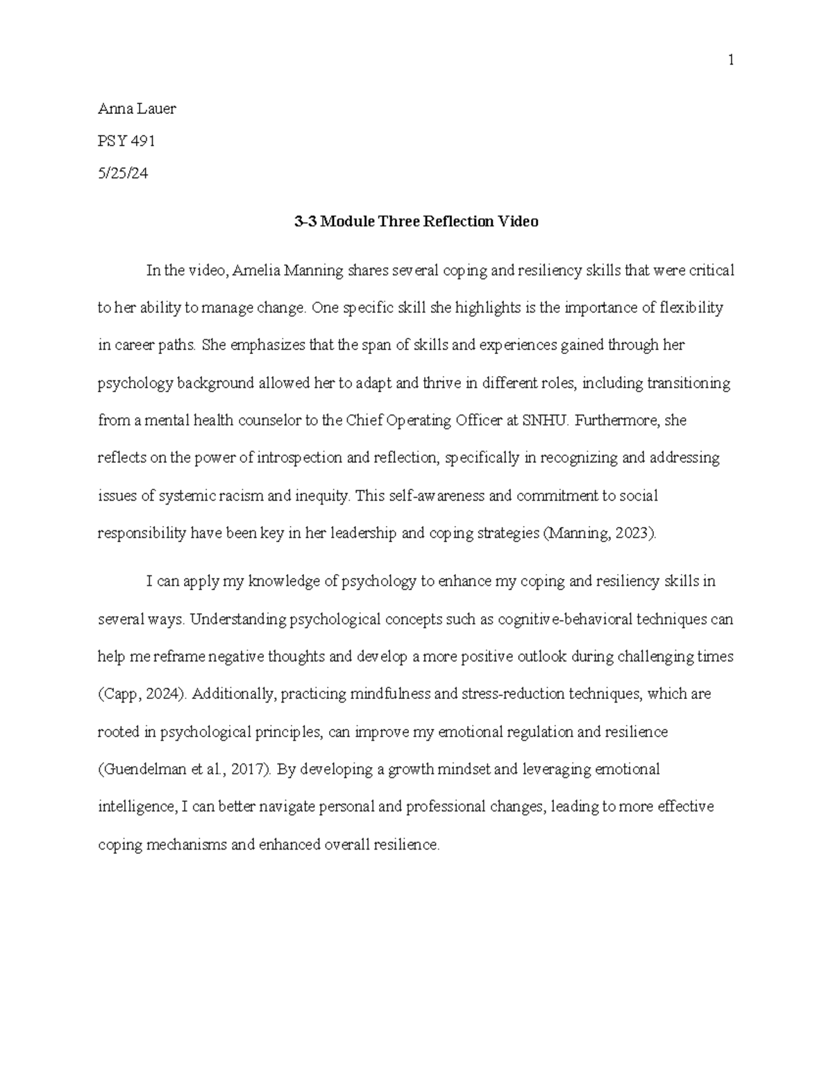 3-3 Module Three Reflection Video - 1 Anna Lauer PSY 491 5/25/ 3-3 ...