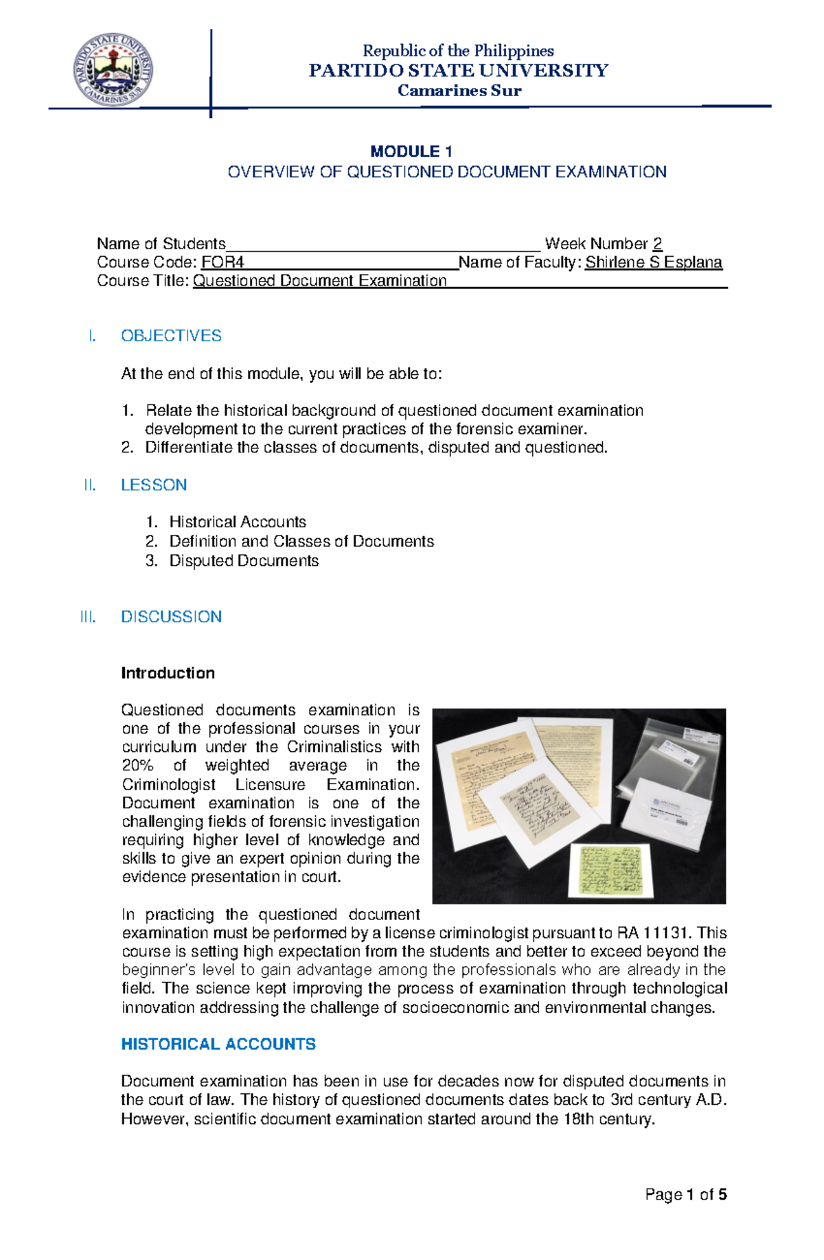 Week 2 Questioned Documents Examination - PARTIDO STATE UNIVERSITY Camarines Sur MODULE 1 ...