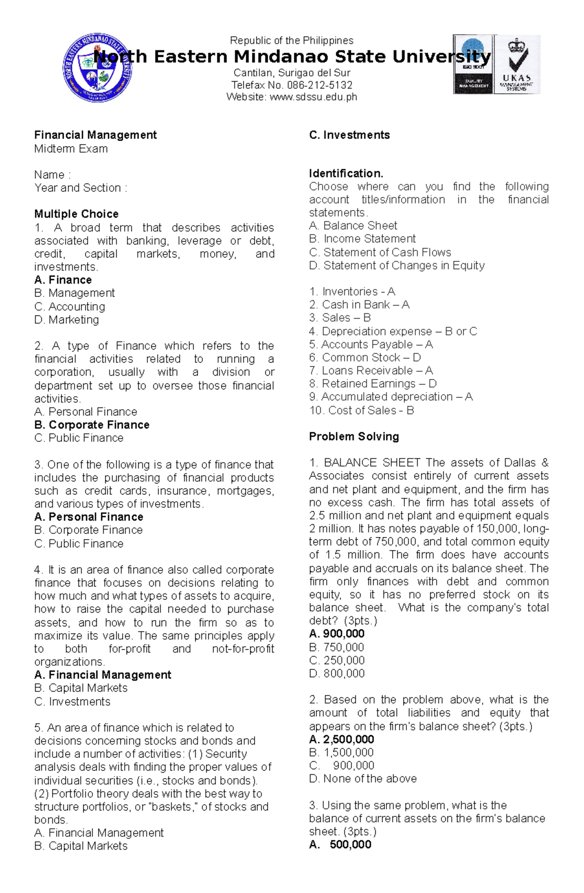 Financial Management-Midterm Exam-Answer Key - North Eastern Mindanao ...