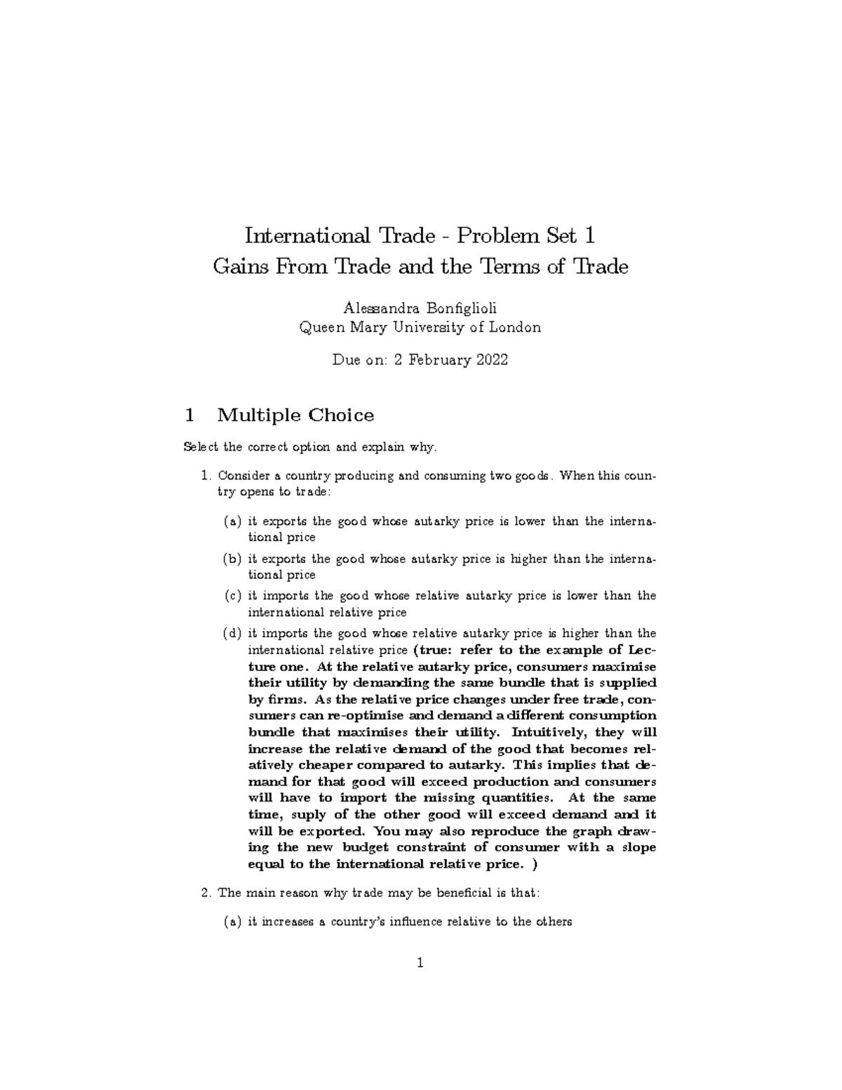 228 sol & midterm sol - International Trade - Problem Set 1 Gains From Trade and the Terms of ...