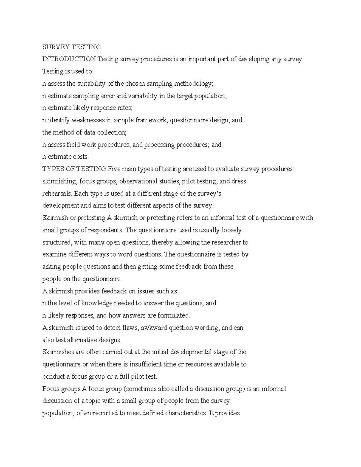 Survey Testing - SURVEY TESTING INTRODUCTION Testing survey procedures ...