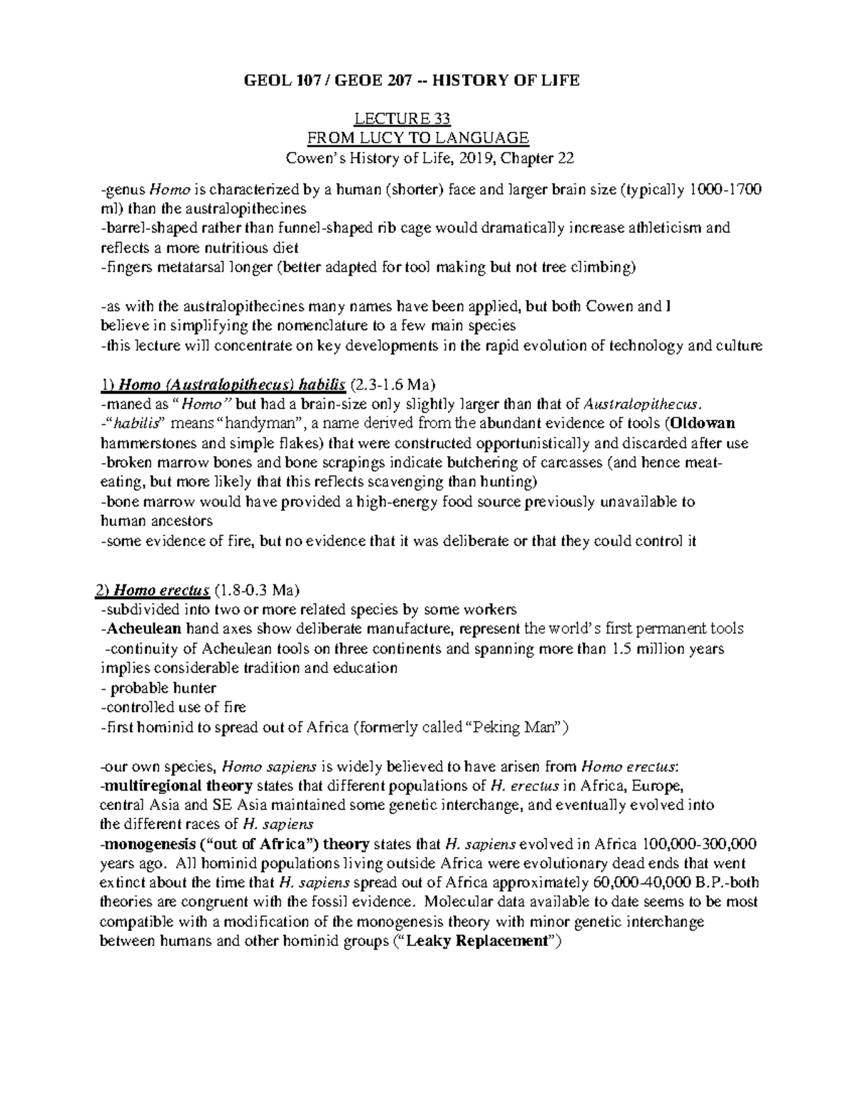Geol107-lecture 33 2020 Homo complete - GEOL 107 / GEOE 207 - HISTORY ...