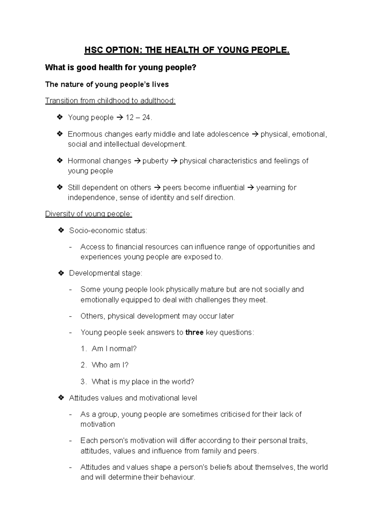 PDH notes - HSC OPTION: THE HEALTH OF YOUNG PEOPLE. What is good health ...