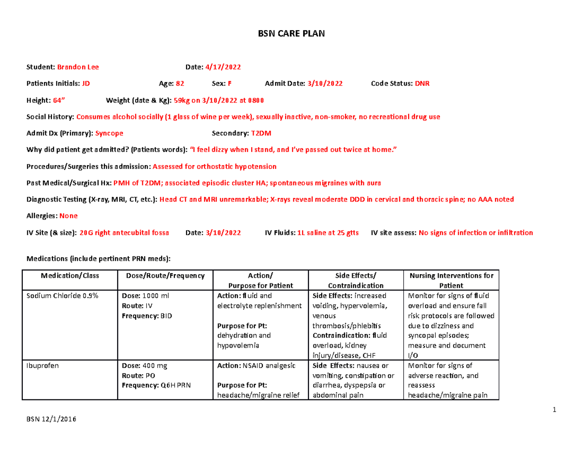 Care Plan II Assignment - Student: Brandon Lee Date: 4/17/ Patients ...