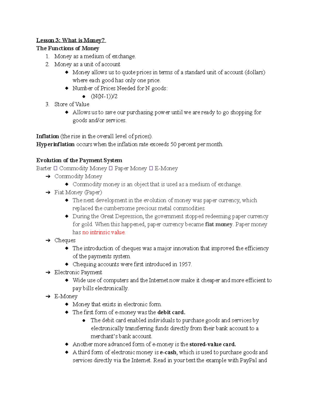 Lesson 3 What is Money - Lecture notes 3 - Lesson 3: What is Money? The ...