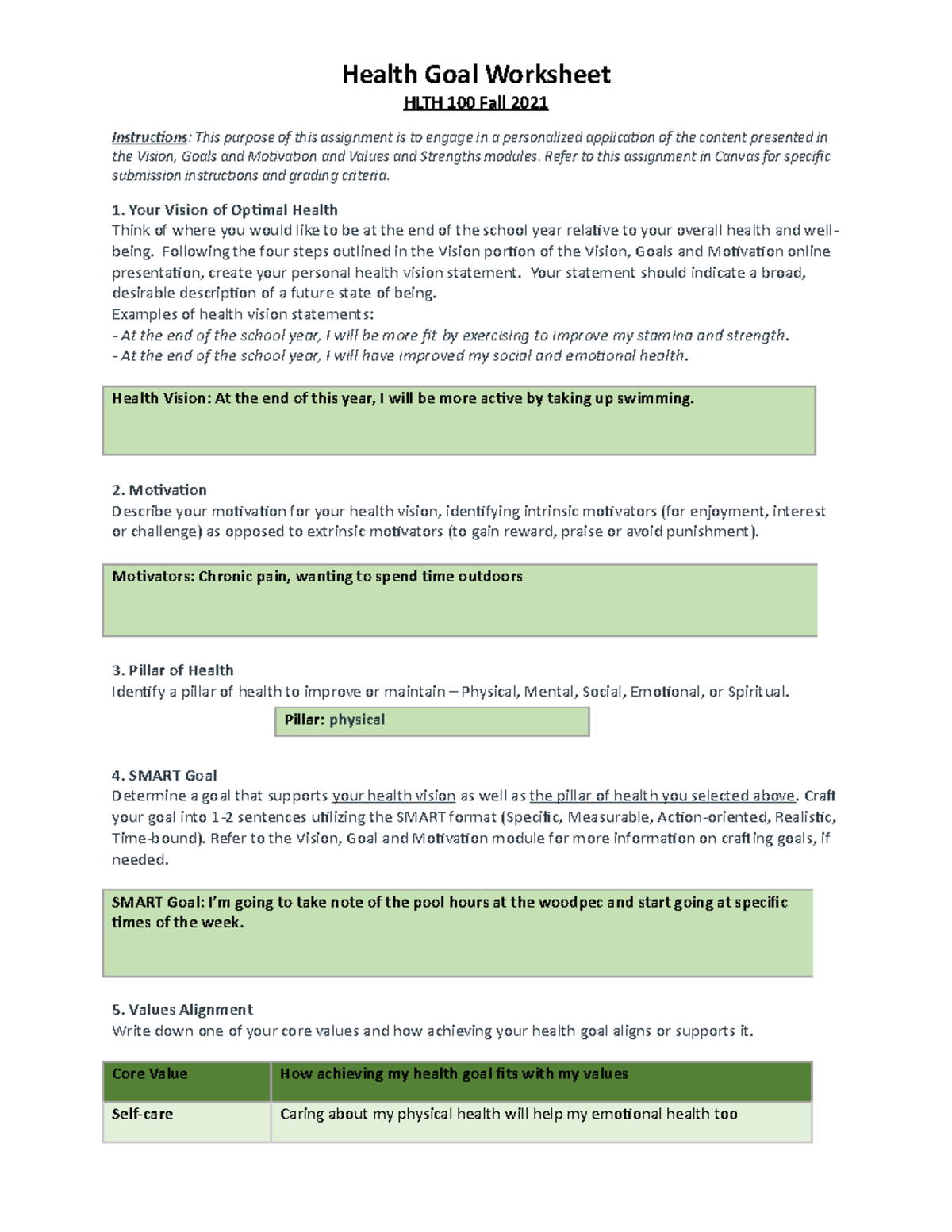 Khan - Health 100 assignment - Health Goal Worksheet HLTH 100 Fall 2021 ...