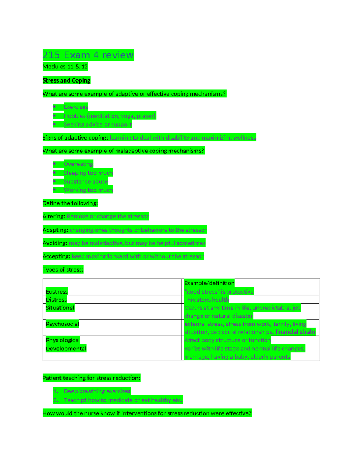 215 Student exam 4 Answered - 215 Exam 4 review Modules 11 & 12 Stress ...
