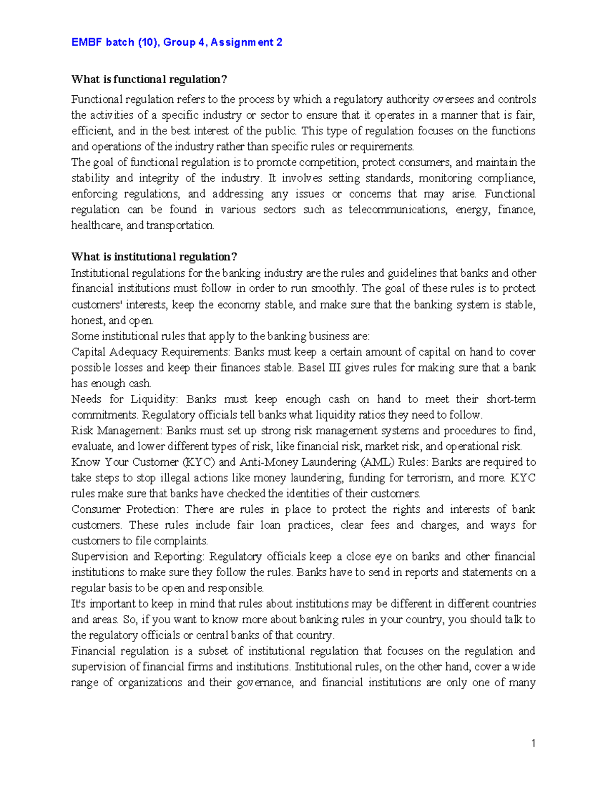 Copy of Legal Framework Assignment 2 - EMBF batch (10), Group 4, Assignment 2 What is functional ...