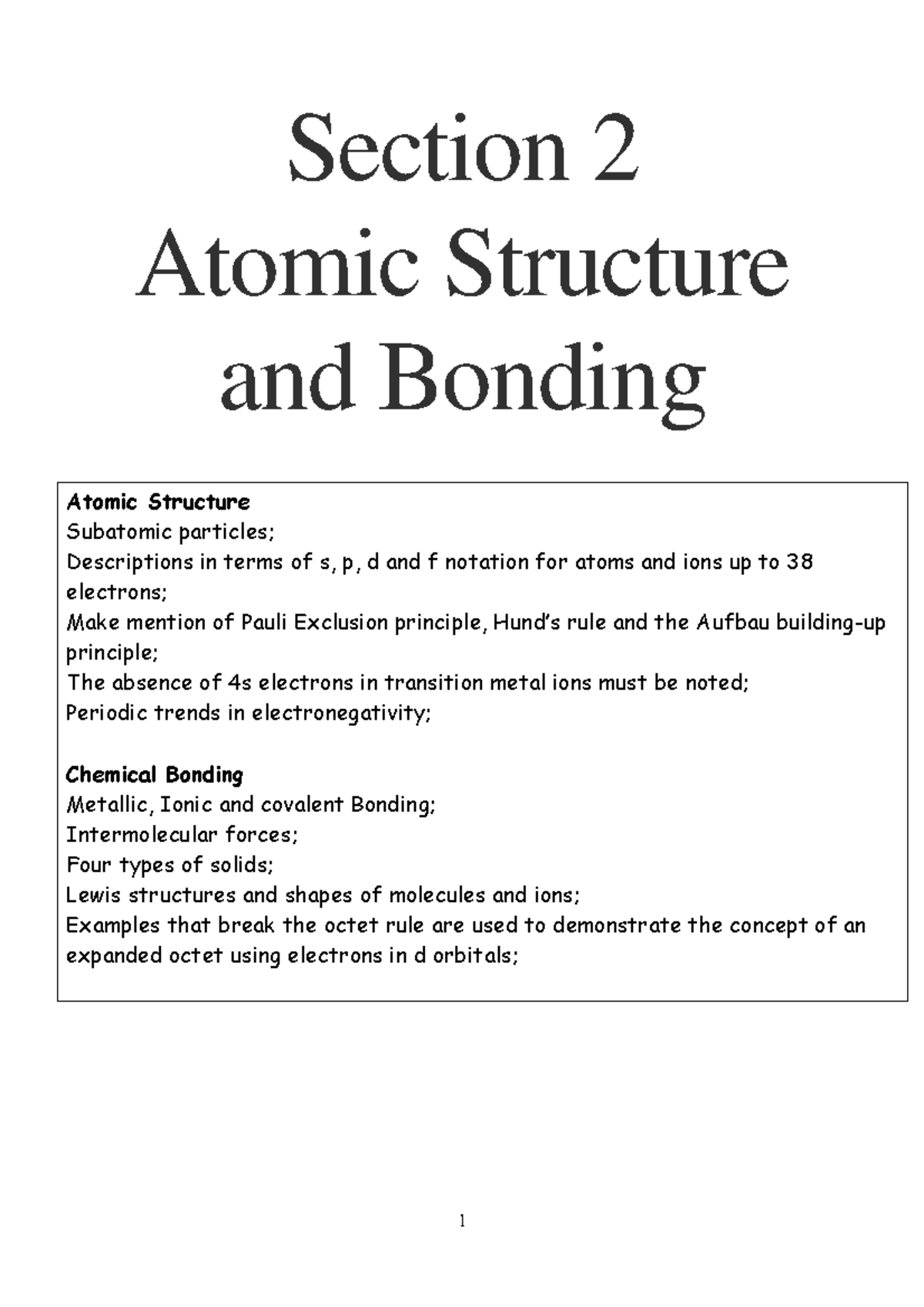 2020 Section 2 Atomic Structure and Bonding - Section 2 Atomic ...