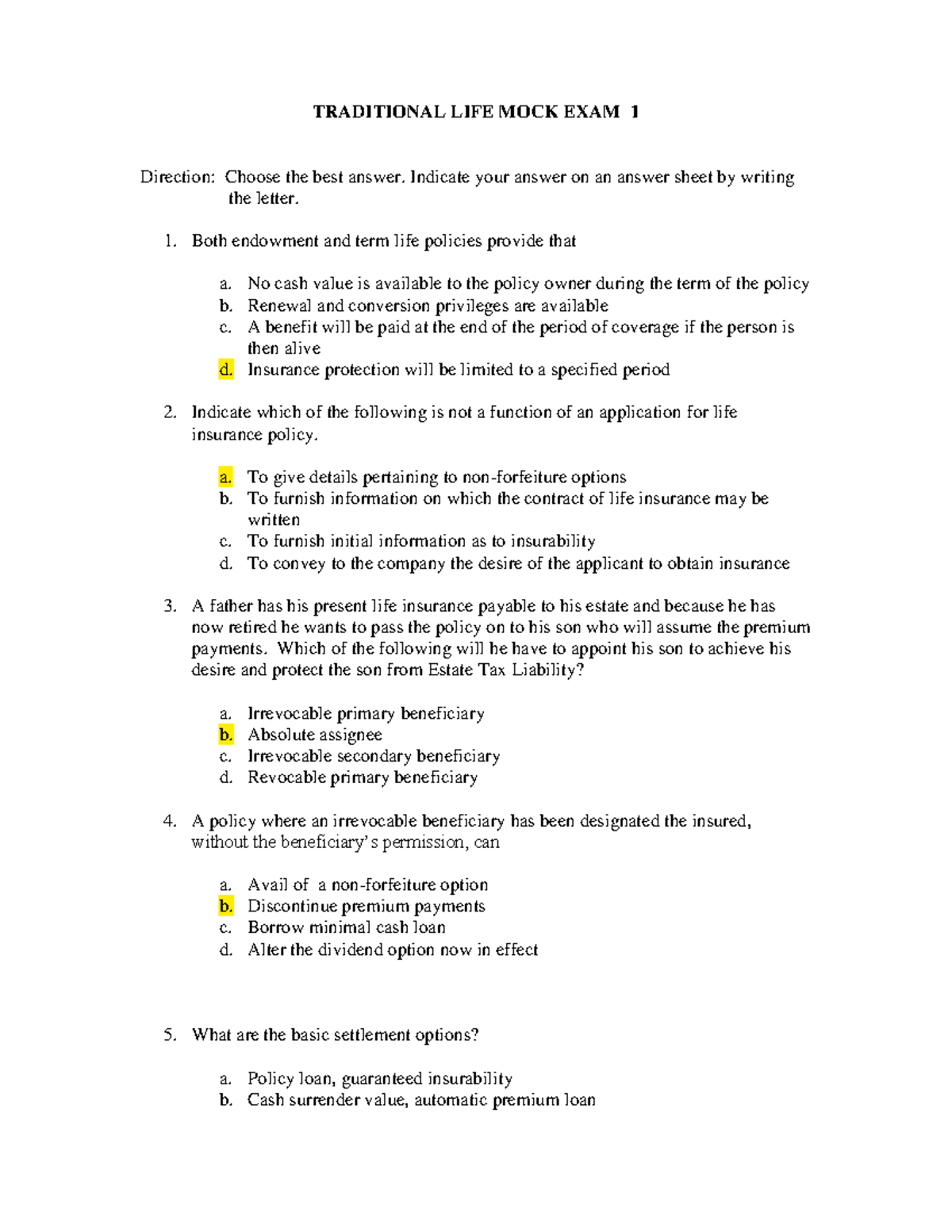Traditional-MOCK-EXAM- TRADITIONAL LIFE MOCK EXAM 1 Direction: Choose ...