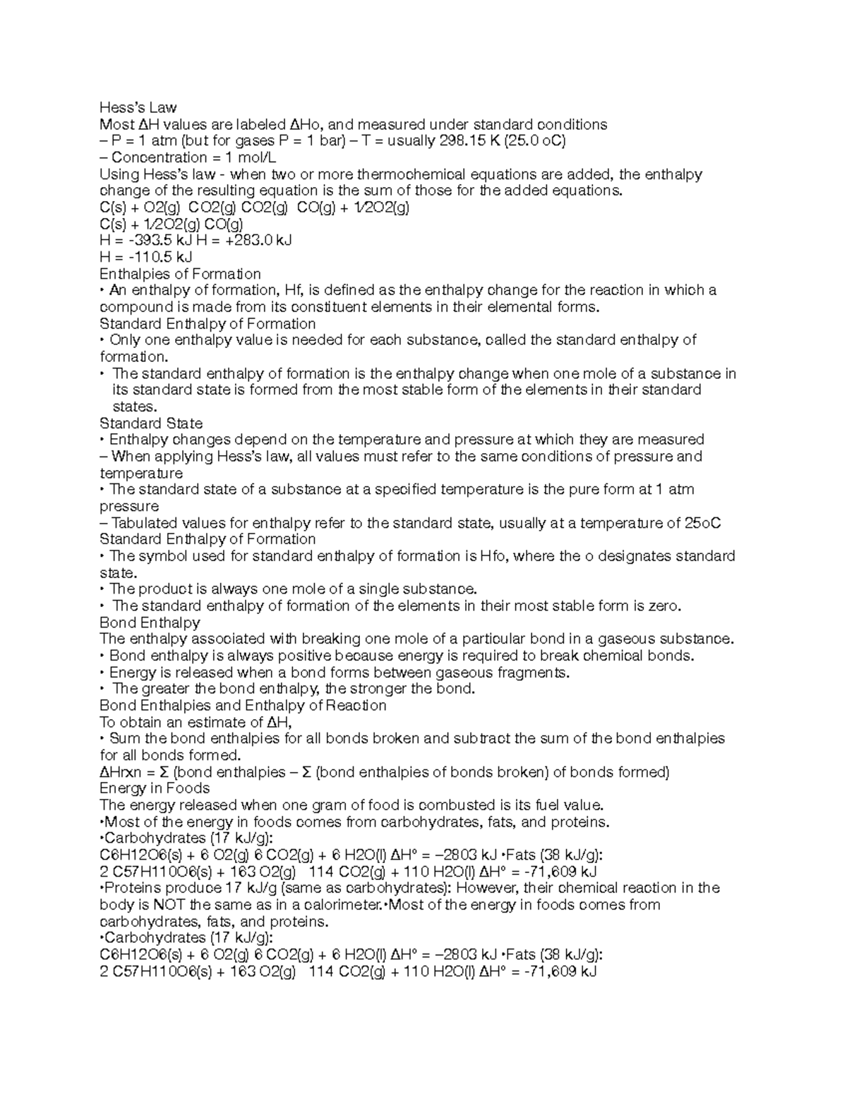 Chem 13 - Notes - Hess’s Law Most ΔH values are labeled ΔHo, and ...