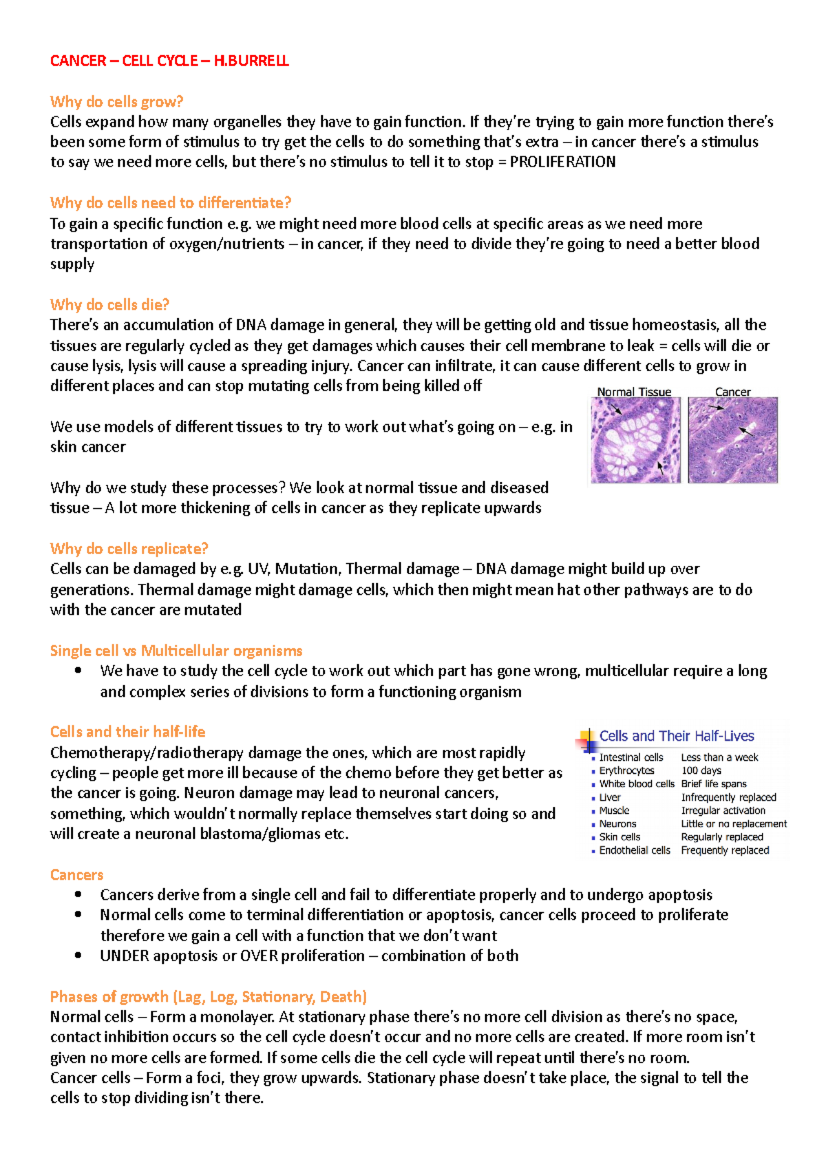 CELL Cycle HB - Lecture notes 1 - CANCER – CELL CYCLE – H Why do cells ...