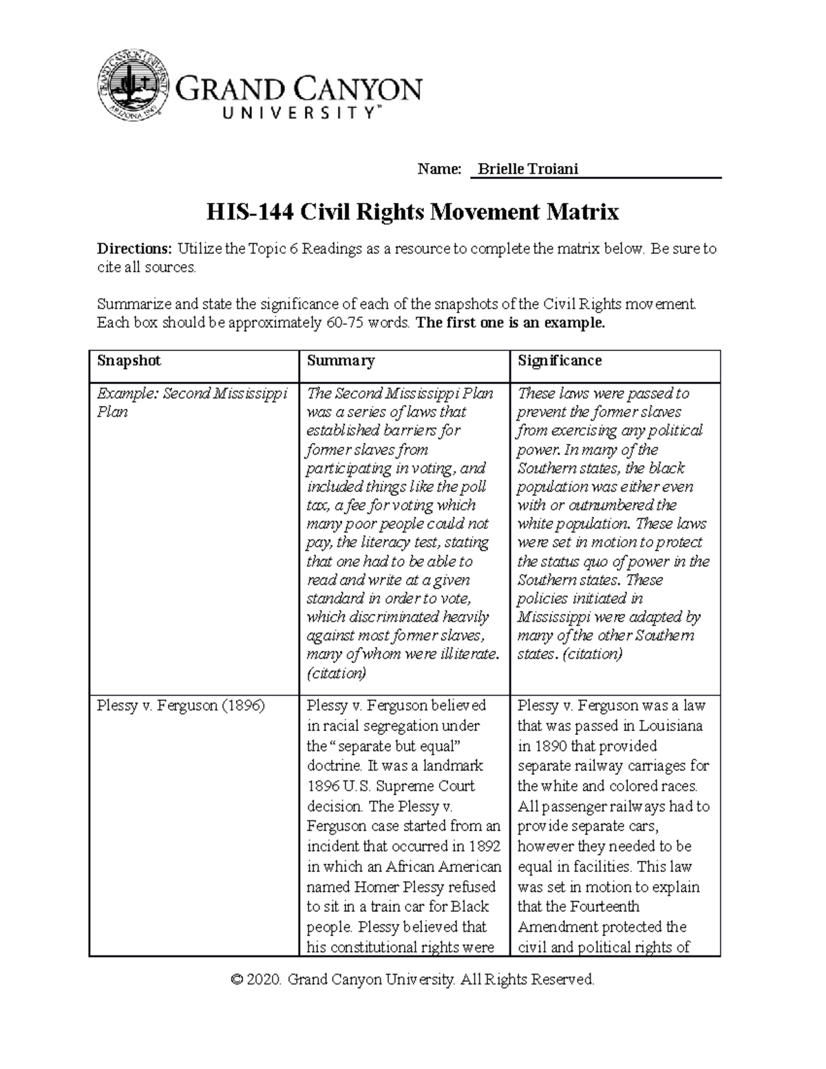 Civil Rights Movement Matrix Worksheet - Name: Brielle Troiani HIS-144 ...