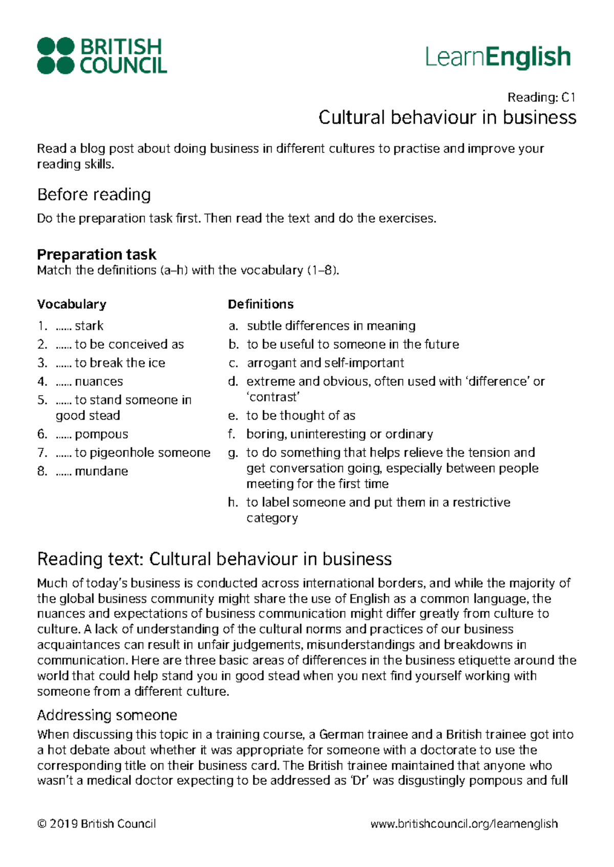 Learn English Reading C1 Cultural behaviour in business - Reading: C ...