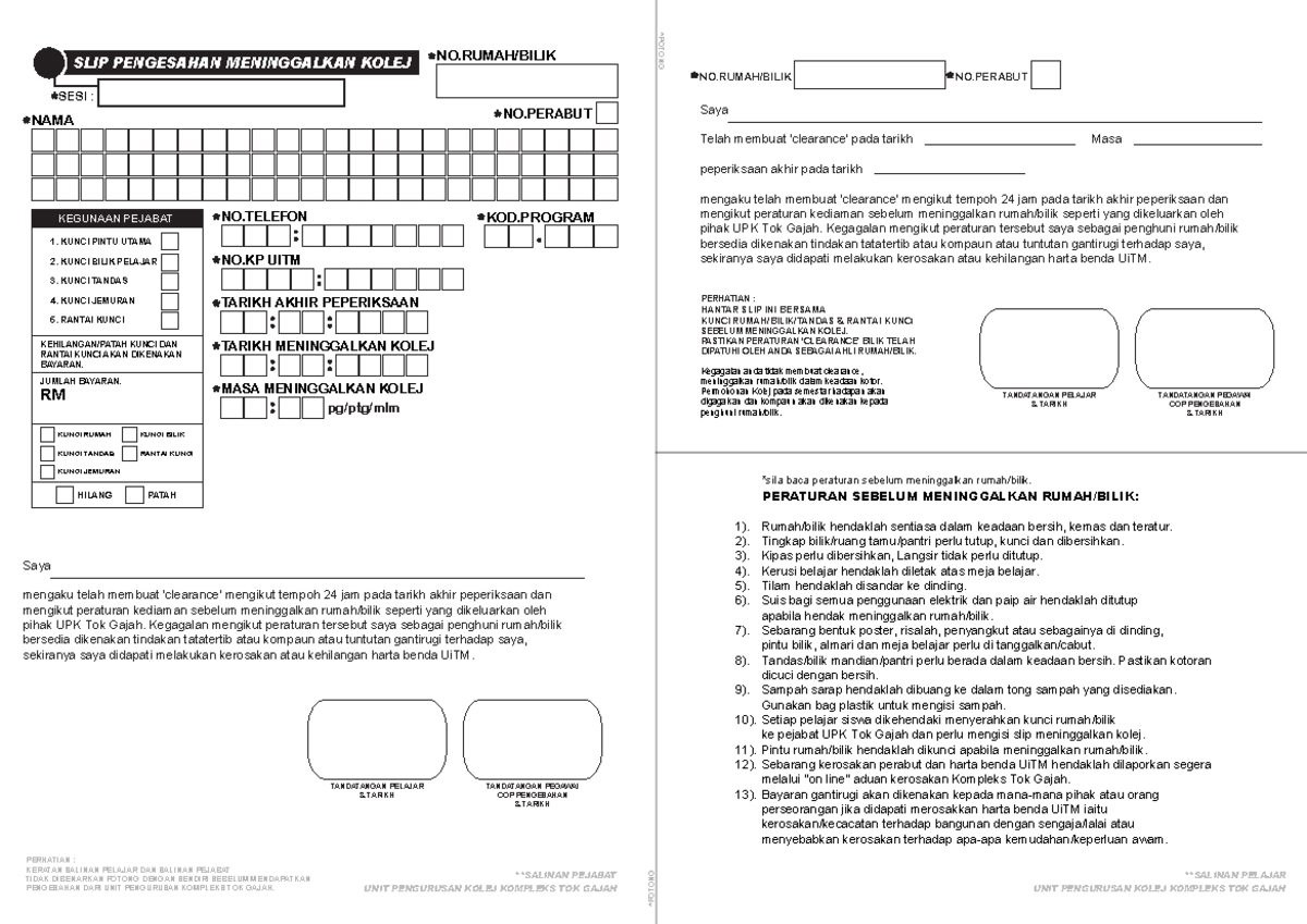 SLIP Pengesahan Meninggalkan Kolej - PERHATIAN : KERATAN SALINAN PELAJAR DAN SALINAN PEJABAT ...