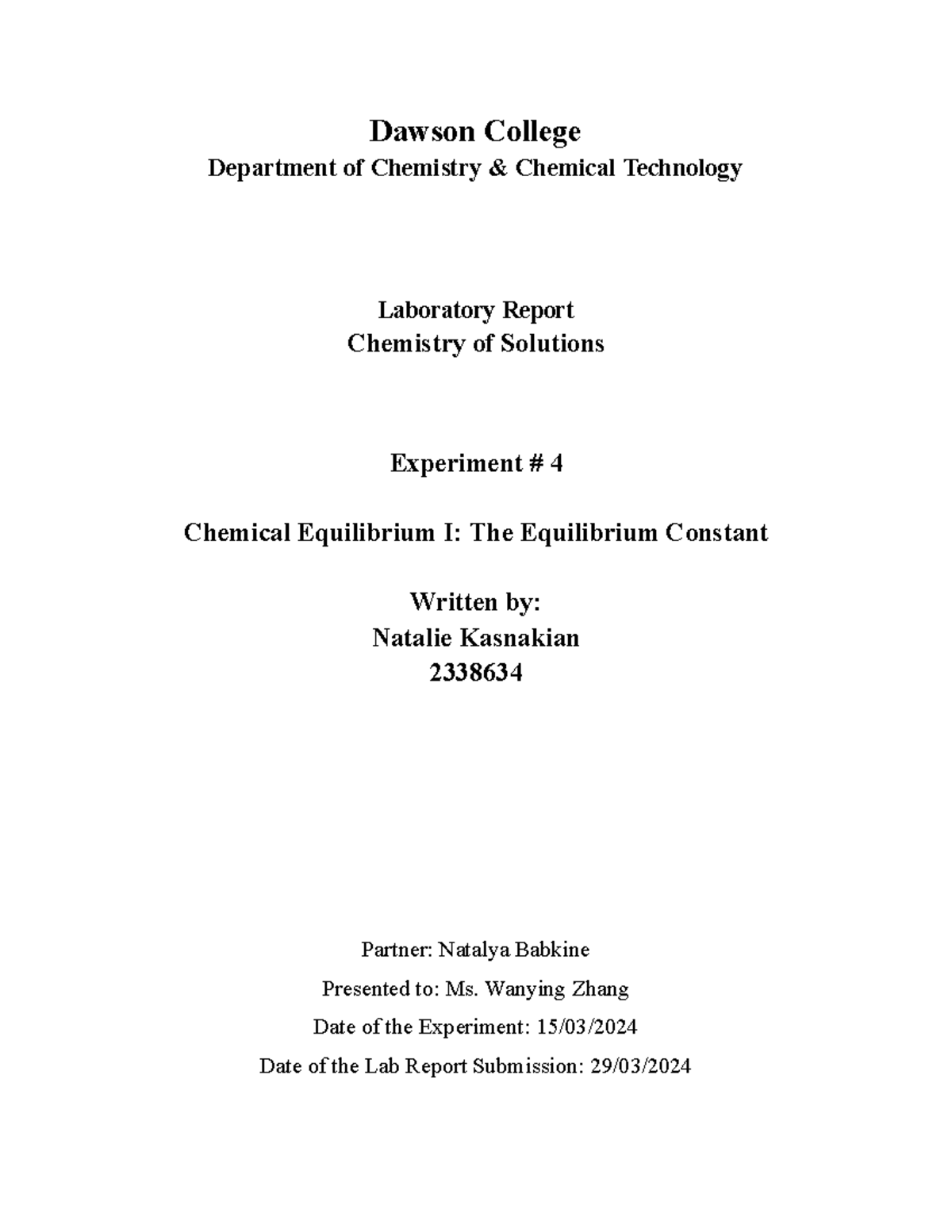 Chemical Equilibrium I The Equilibrium Constant Lab - Dawson College ...