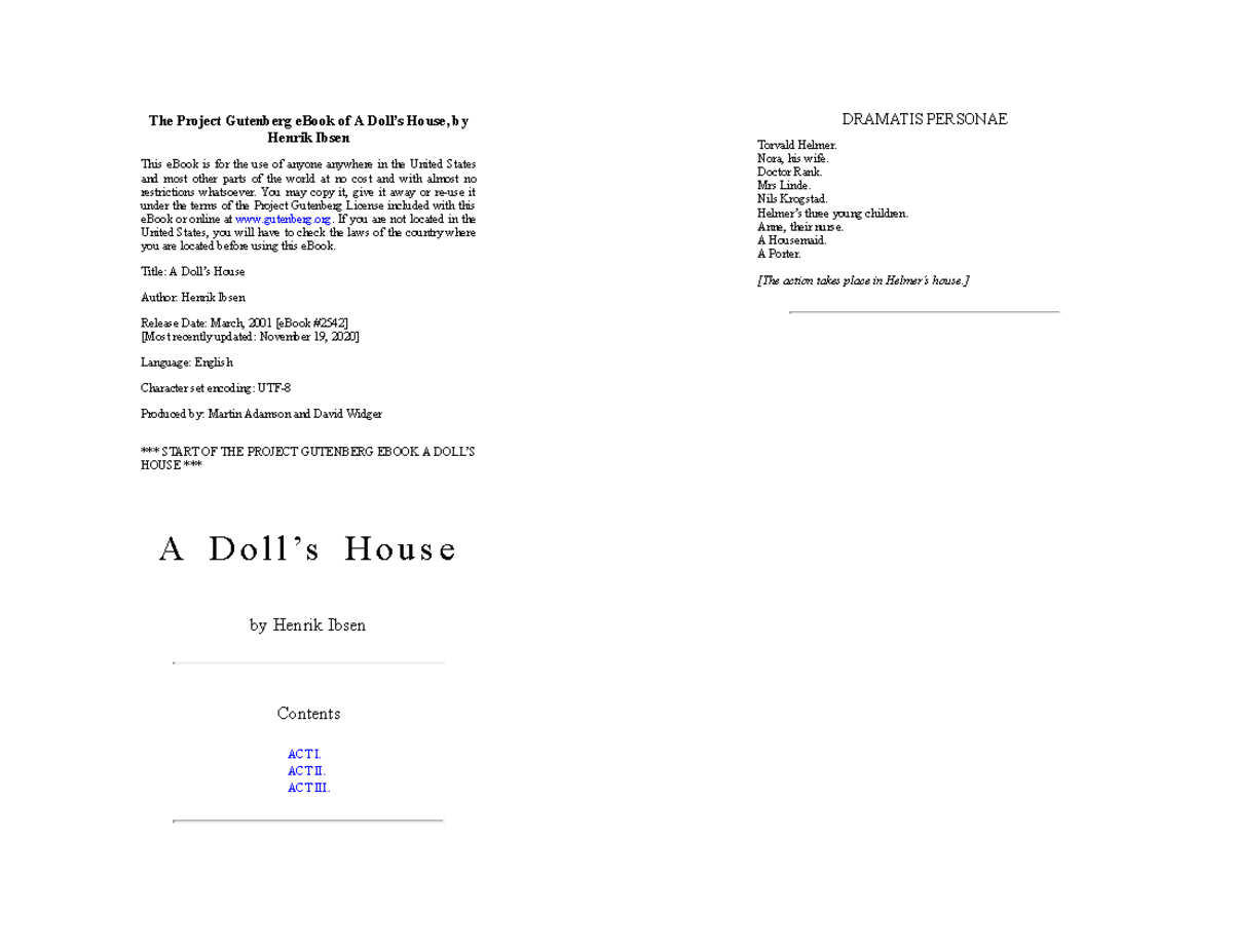 a dolls house henrik ibsen - The Project Gutenberg eBook of A Doll’s ...
