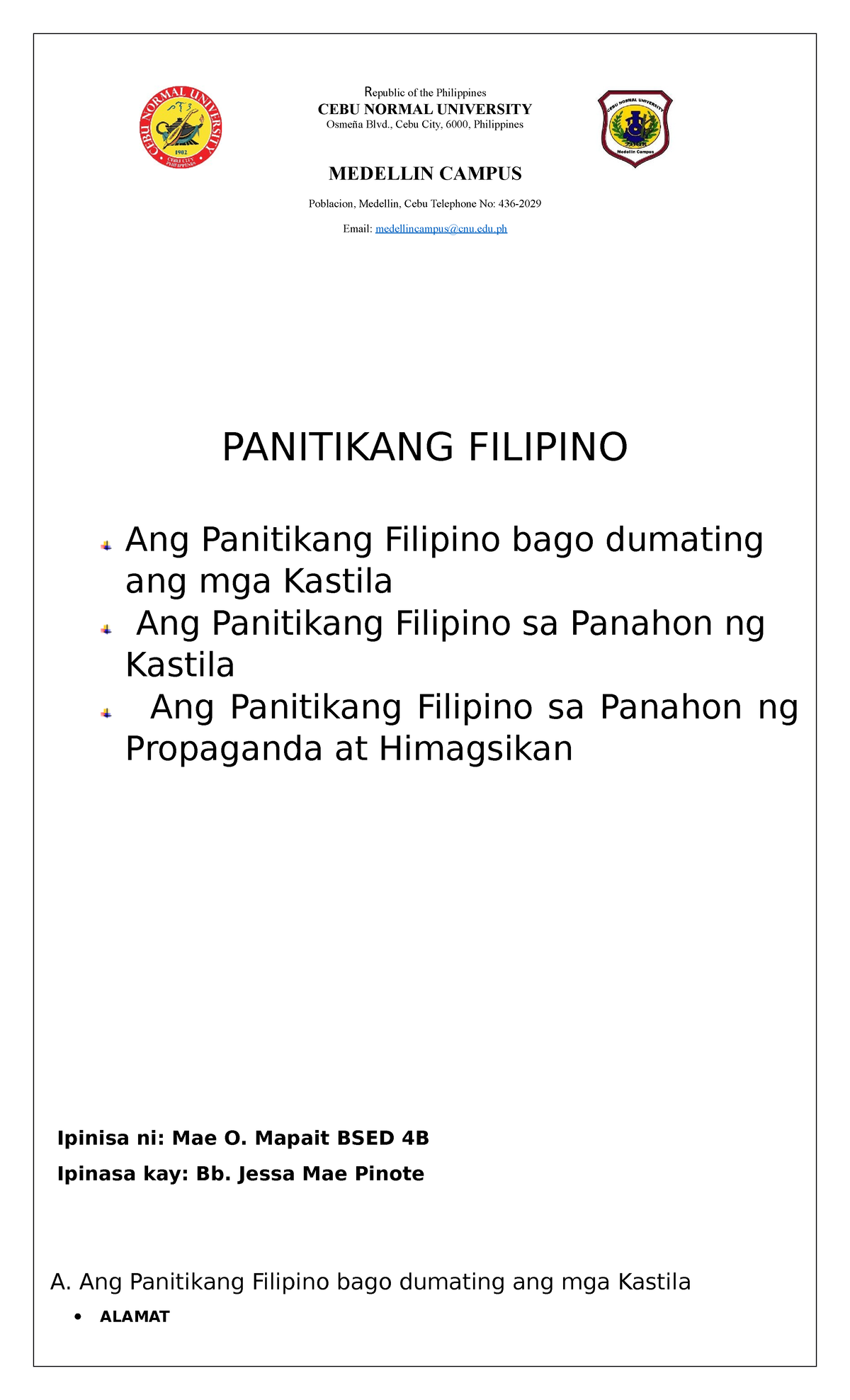 Mapait- TASK Filipino - Republic of the Philippines CEBU NORMAL ...