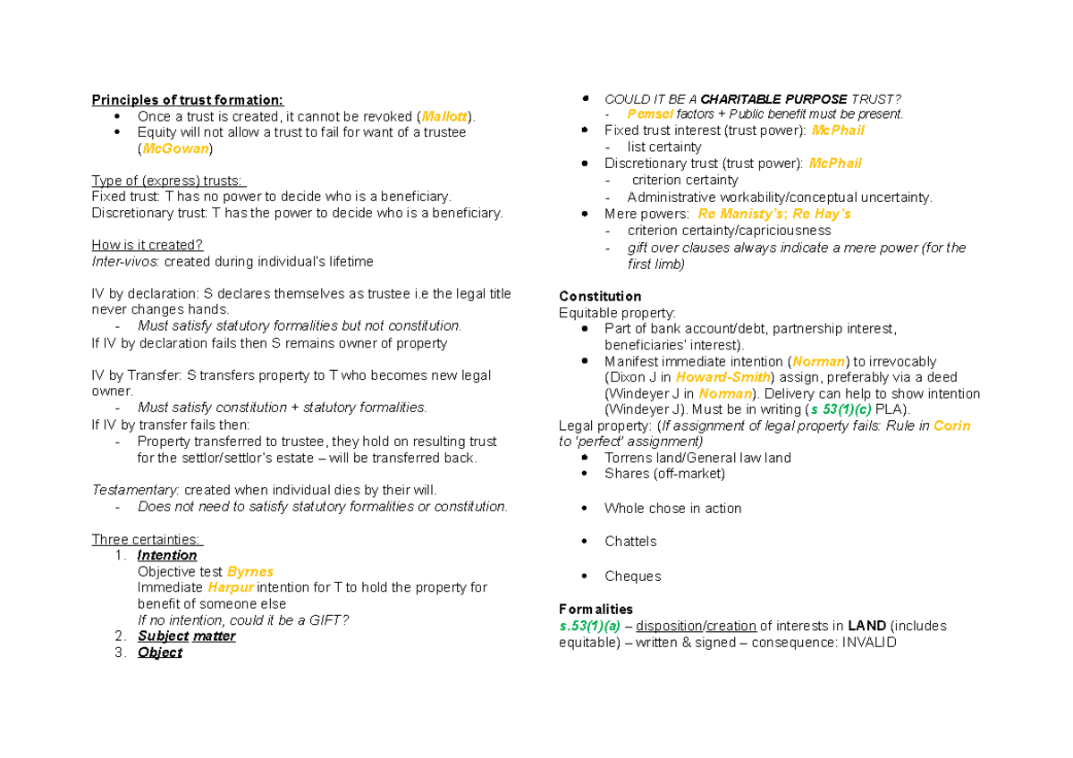 Trust Formation Summary PAGE - Principles of trust formation: Once a ...