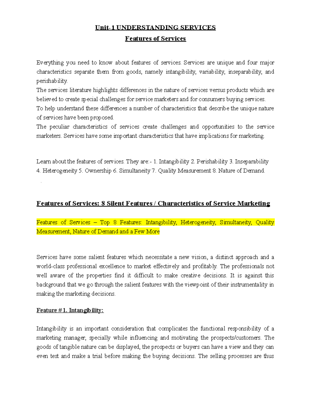 Understanding Services - Unit-1 UNDERSTANDING SERVICES Features of ...