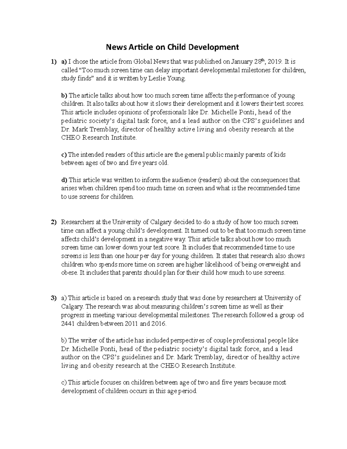 News Article on Child Development - It is called “Too much screen time ...