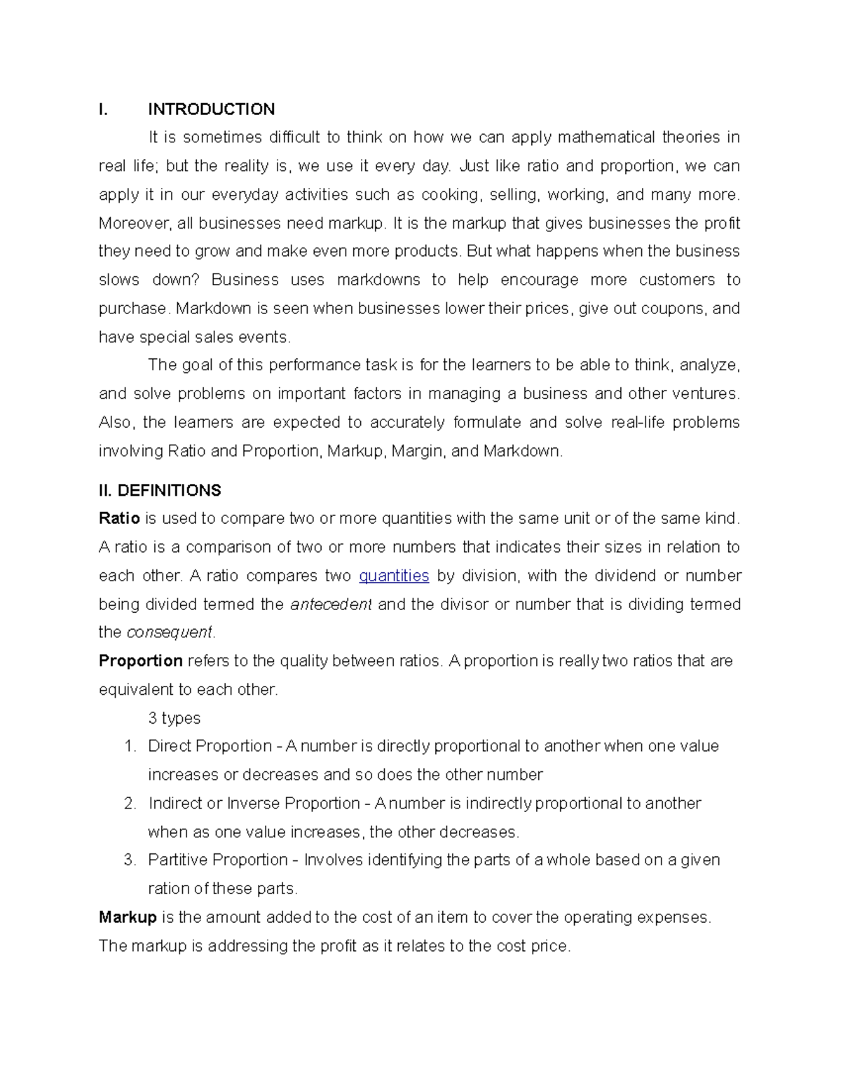 Bmath PT - Reviewer for Statistics Ratio and Proportion, Markup ...