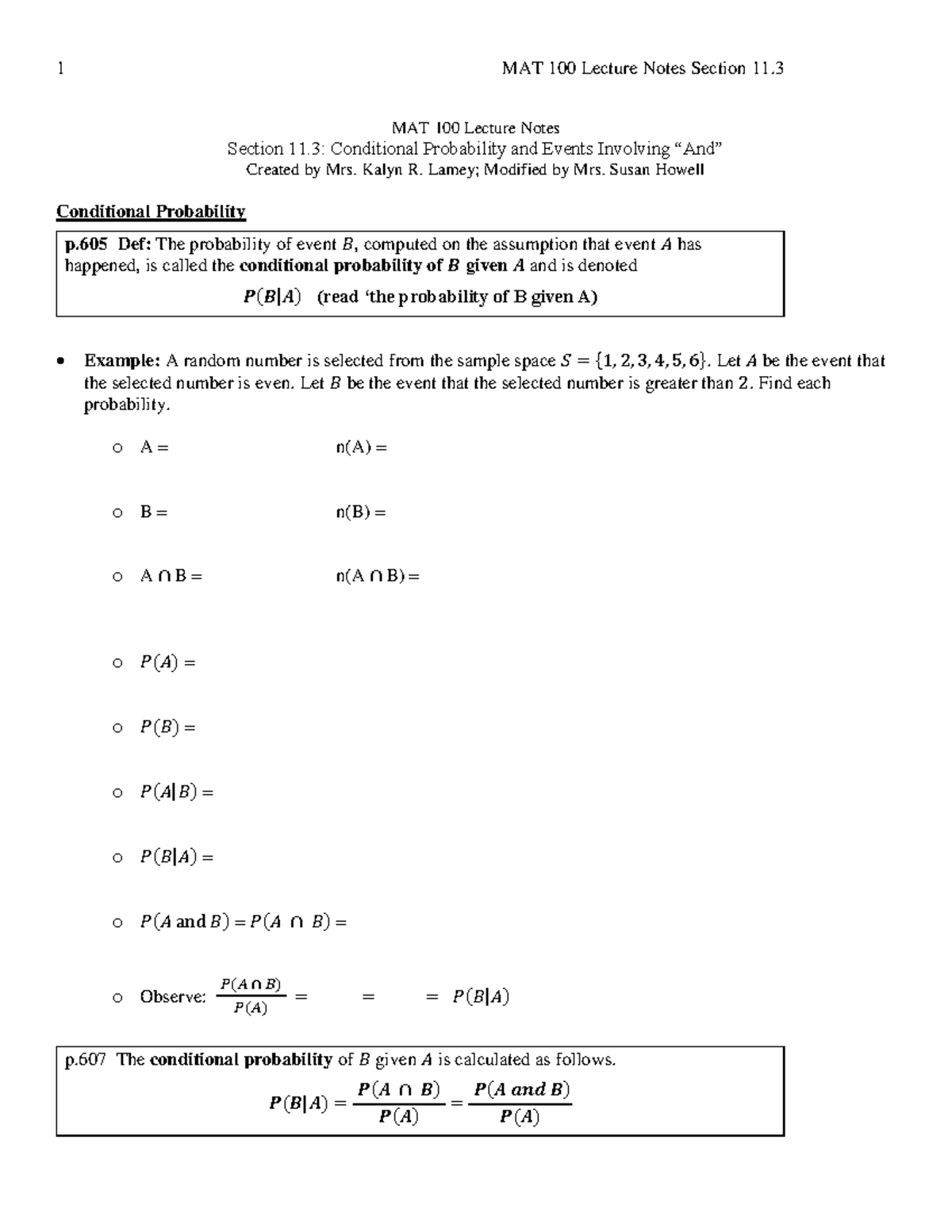 MAT 100 Lecture Notes 11 - 1 MAT 100 Lecture Notes Section 11 MAT 100 ...