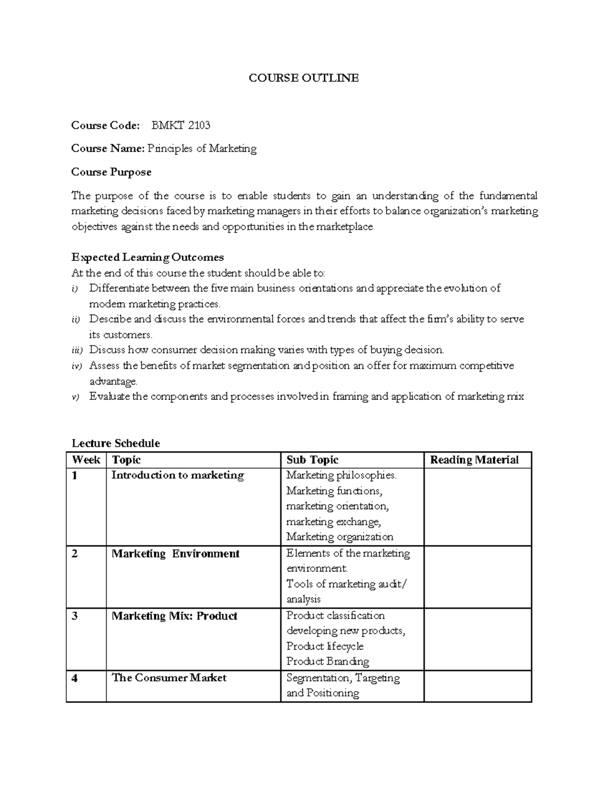 Principles of Marketing - COURSE OUTLINE Course Code: BMKT 2103 Course ...
