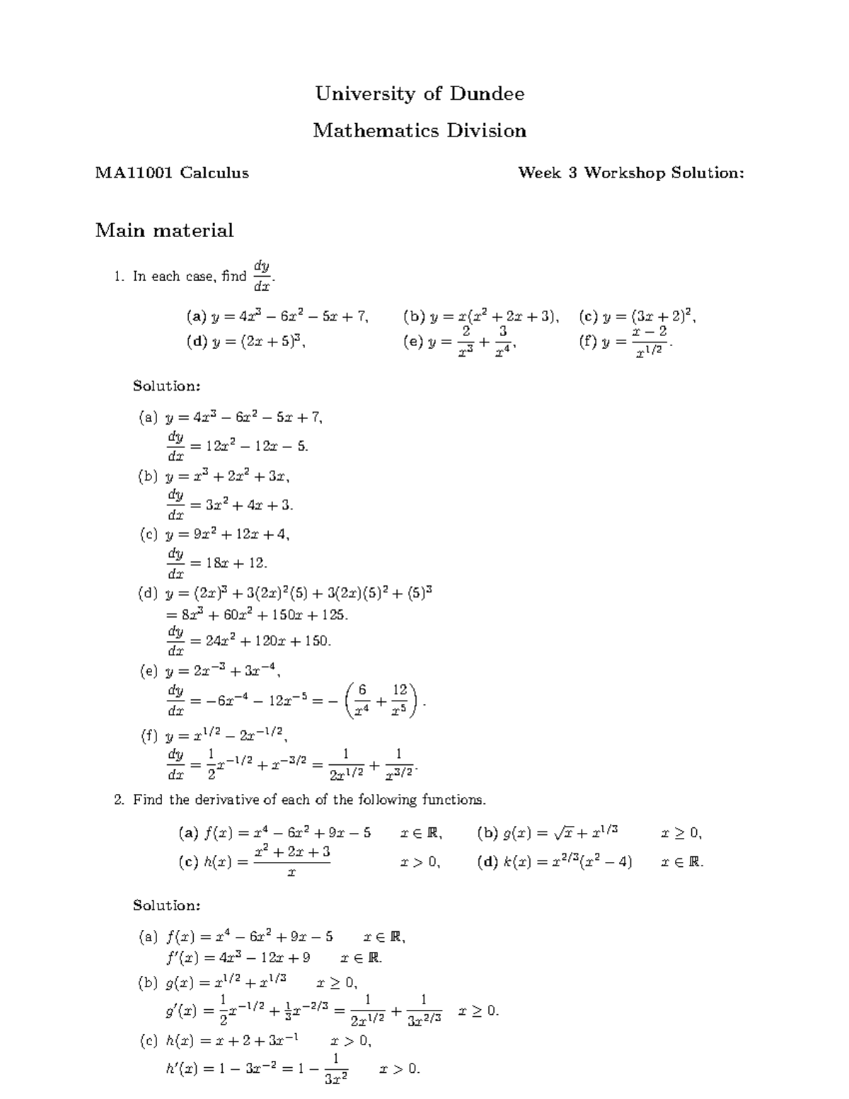 MA11001 Calculus Worksheet 3 Solutions - University of Dundee ...