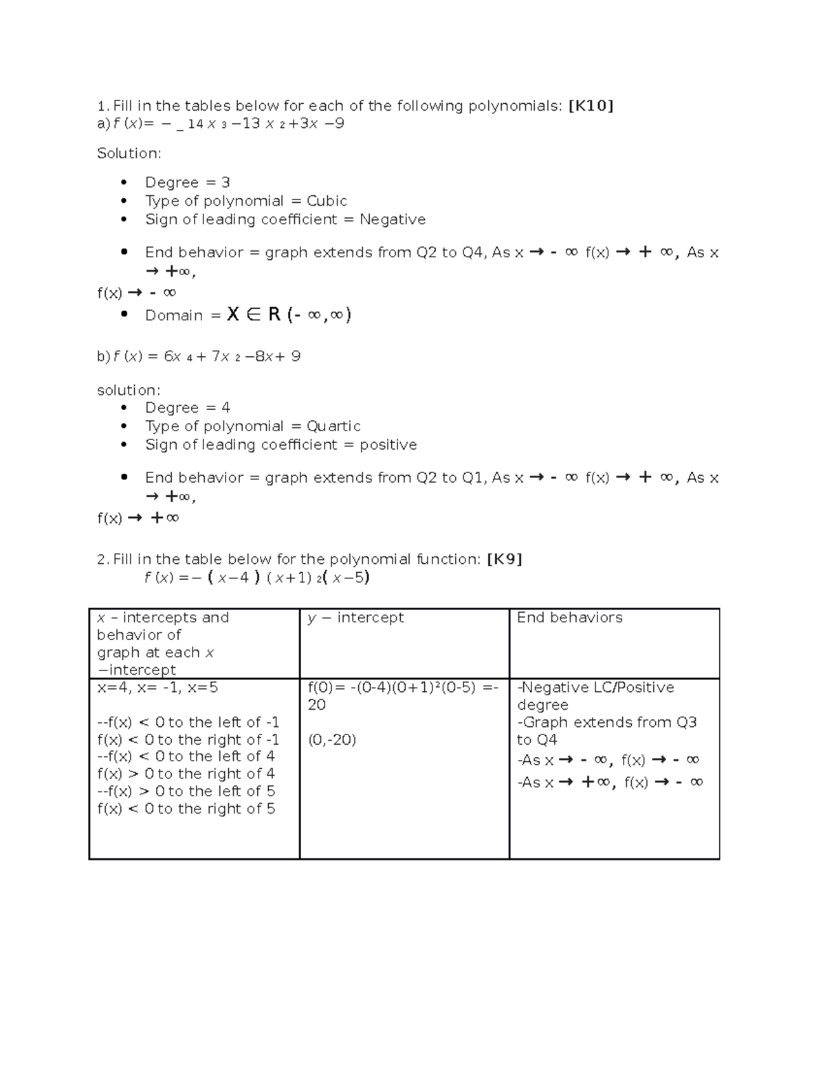 Assignemnt one - calculas - Fill in the tables below for each of the following polynomials: [K10 ...