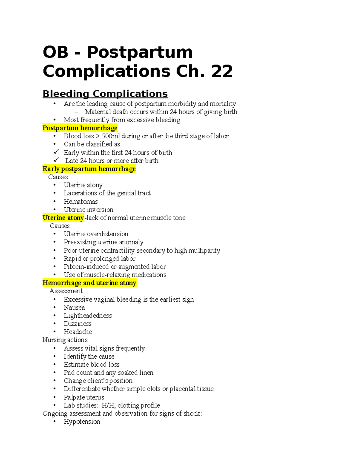 OB Chapter 22 PPT - OB - Postpartum Complications Ch. 22 Bleeding ...