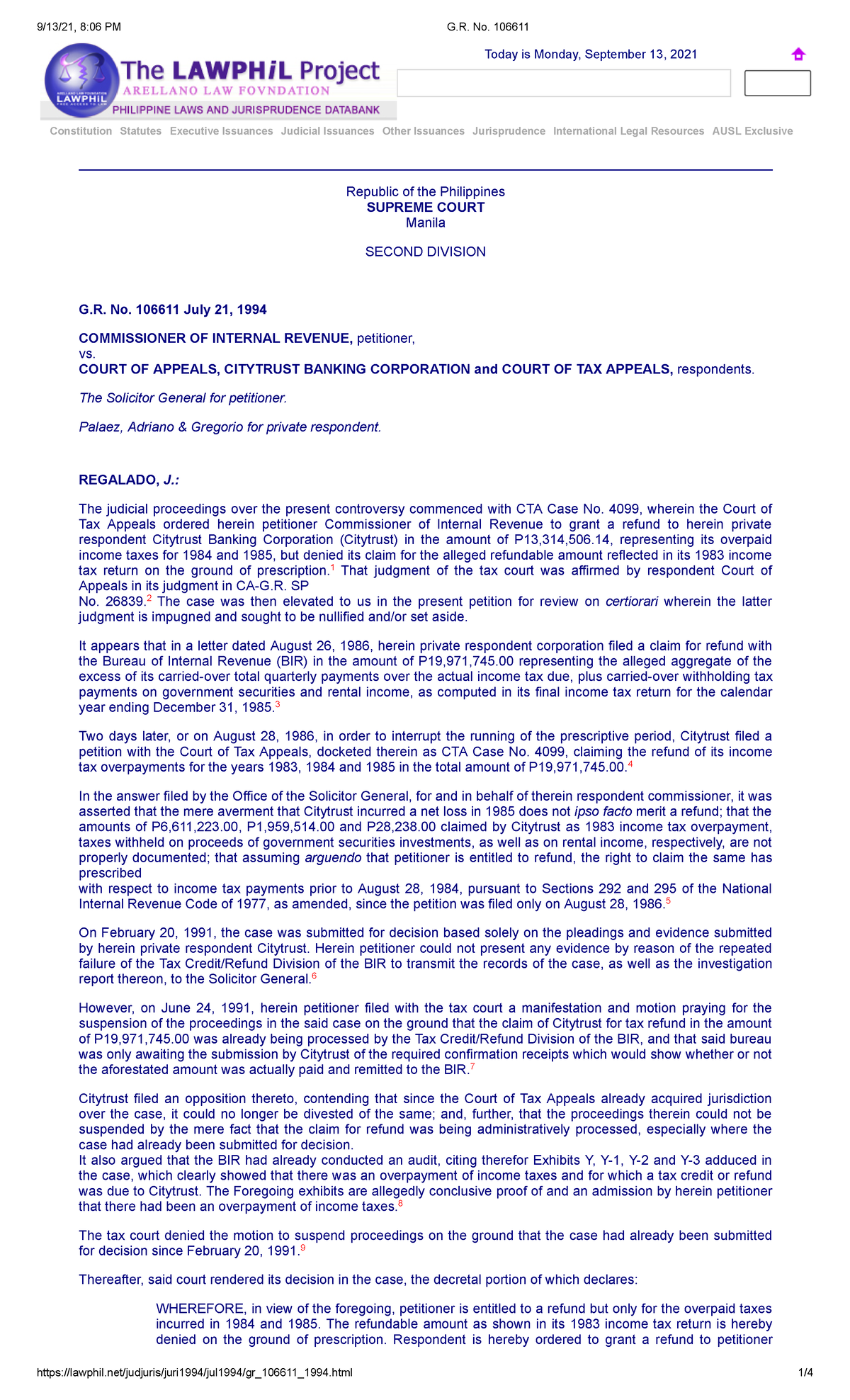 G R No 106611 Commissioner Of Internal Revenue Vs Court Of Tax
