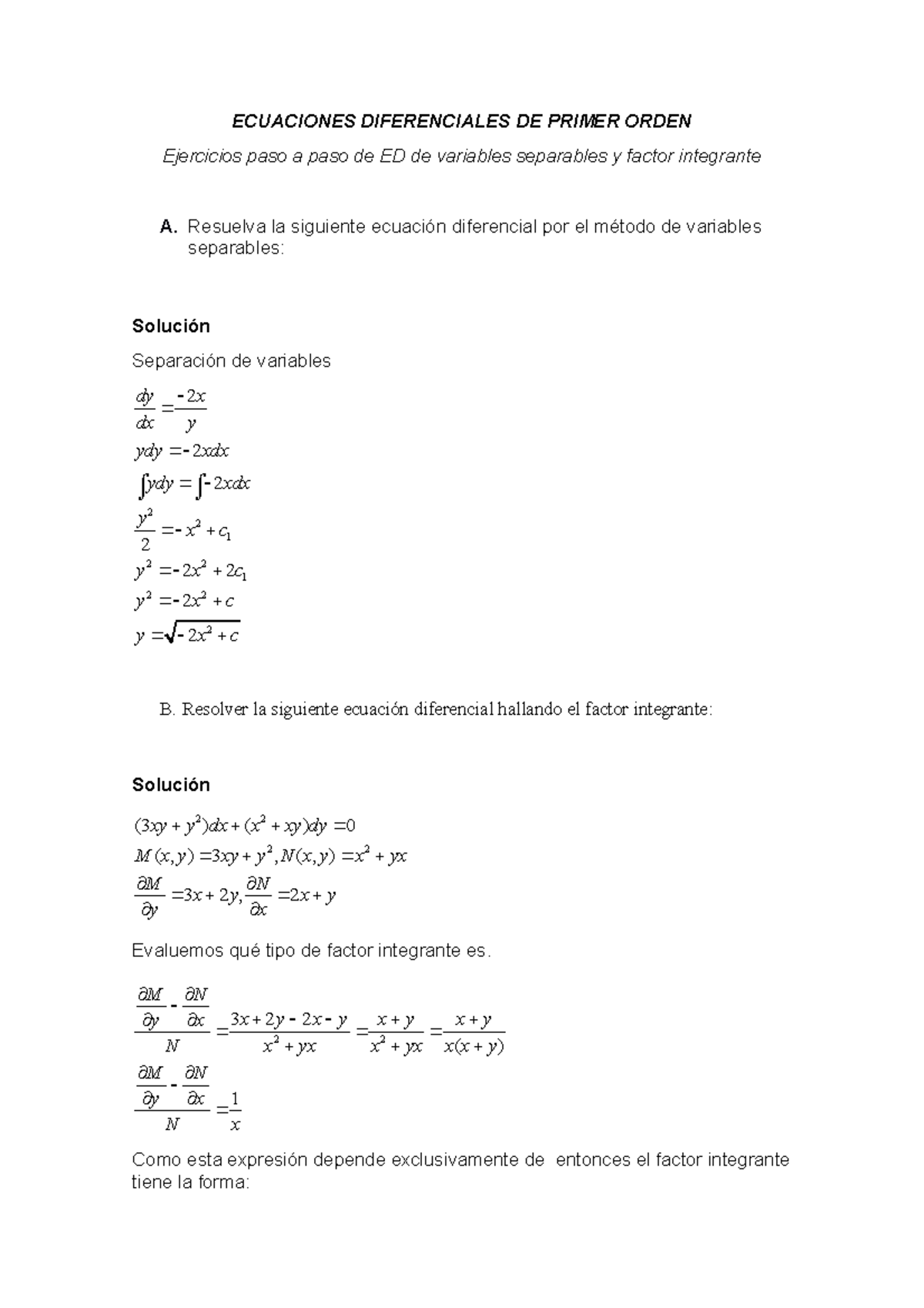 Ecuacion Diferencial DE Variables Separables Y Factor Integrante PASO A ...