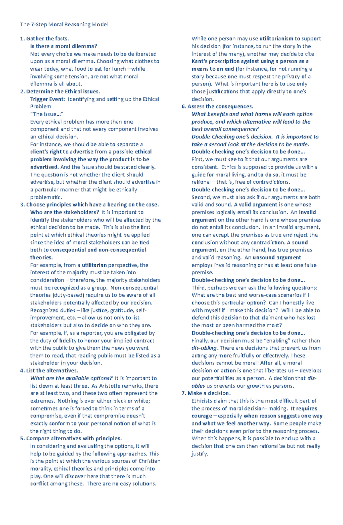 Ethics 1013 (Handout #3) - The 7-Step Moral Reasoning Model 1. Gather ...