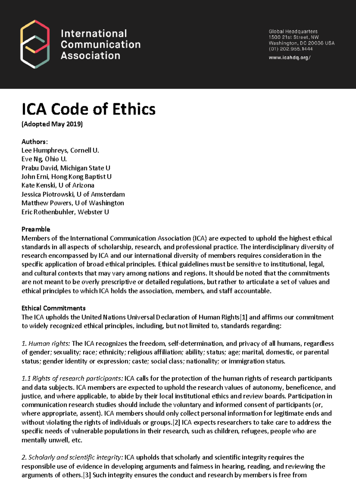 Ica.code.of - hoi - ICA Code of Ethics (Adopted May 2019) Authors: Lee ...