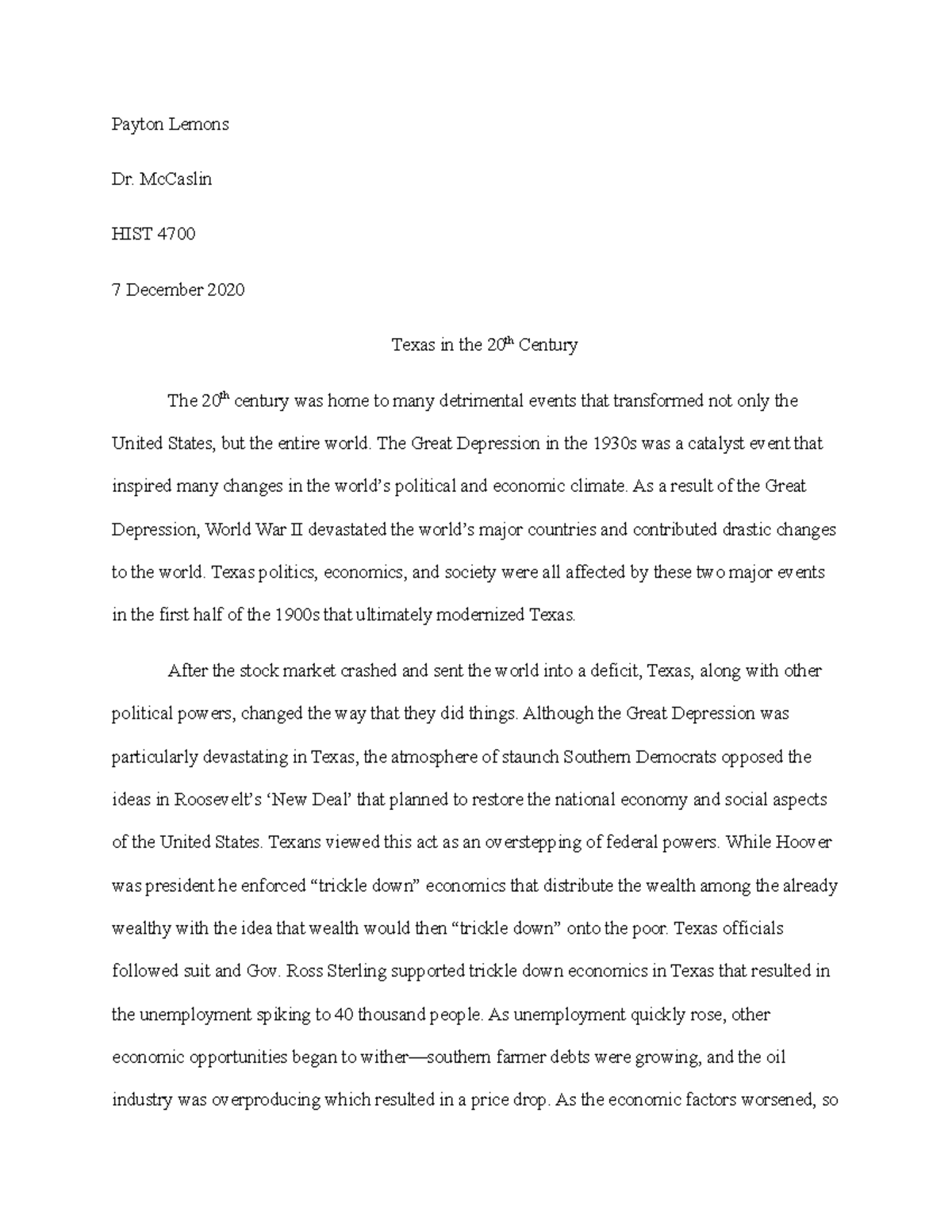 Texas History Essay 5 - Grade: 84 - Payton Lemons Dr. McCaslin HIST ...